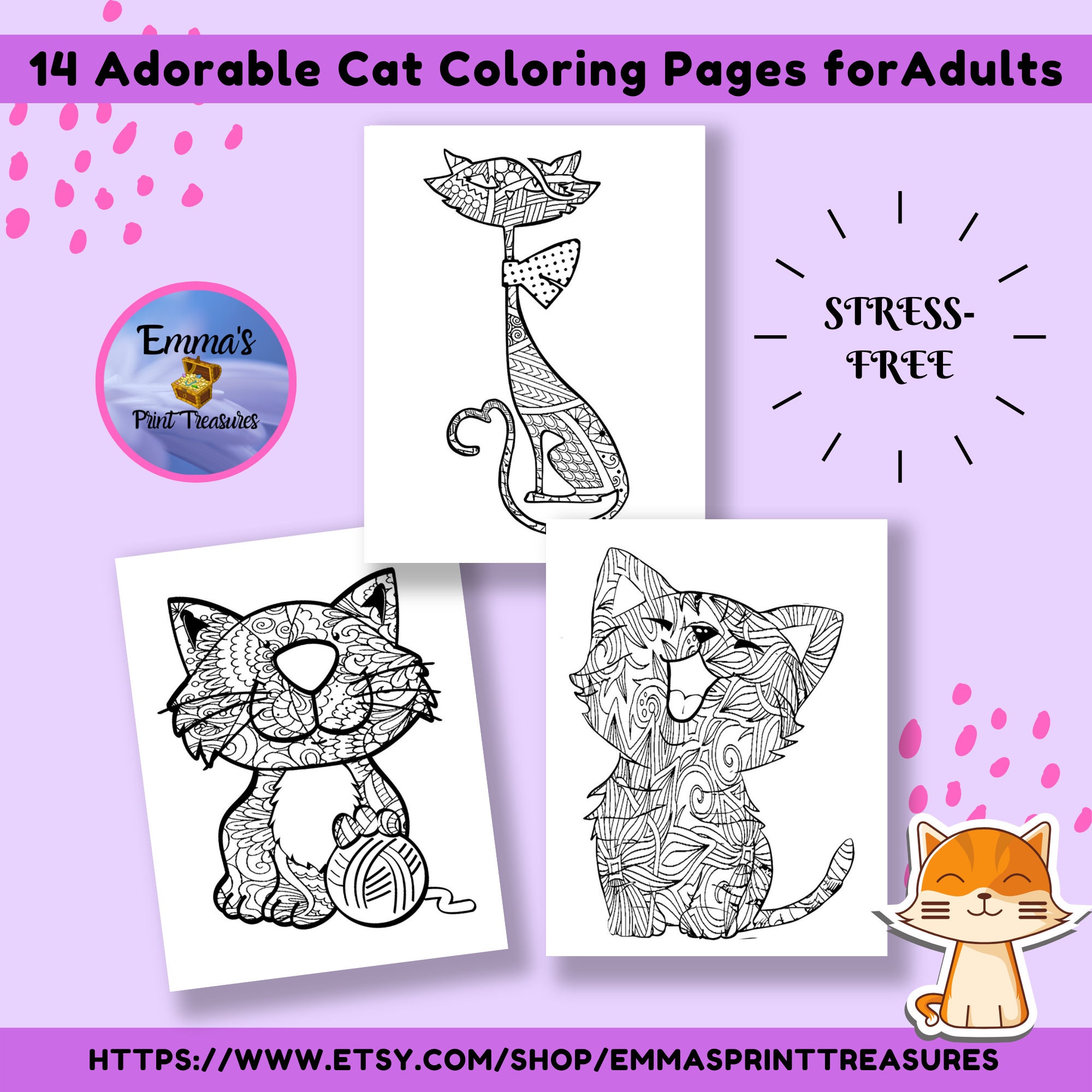 14 Adorable Cat Adult Coloring Pages| Hours of Fun| Reduce Your Stress ...
