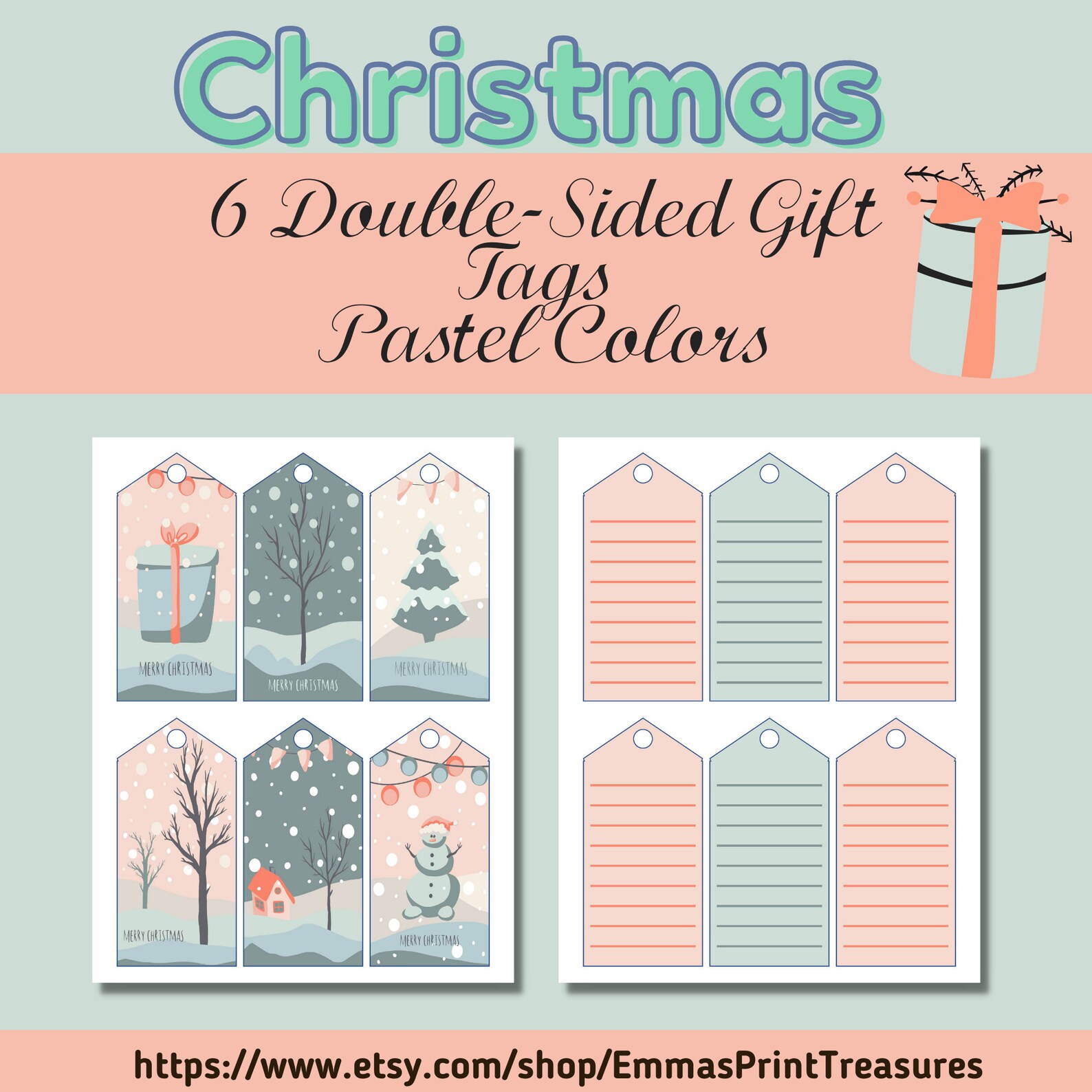 6 Printable Christmas Gift Tags - Pastel| Double-sided| Digital ...