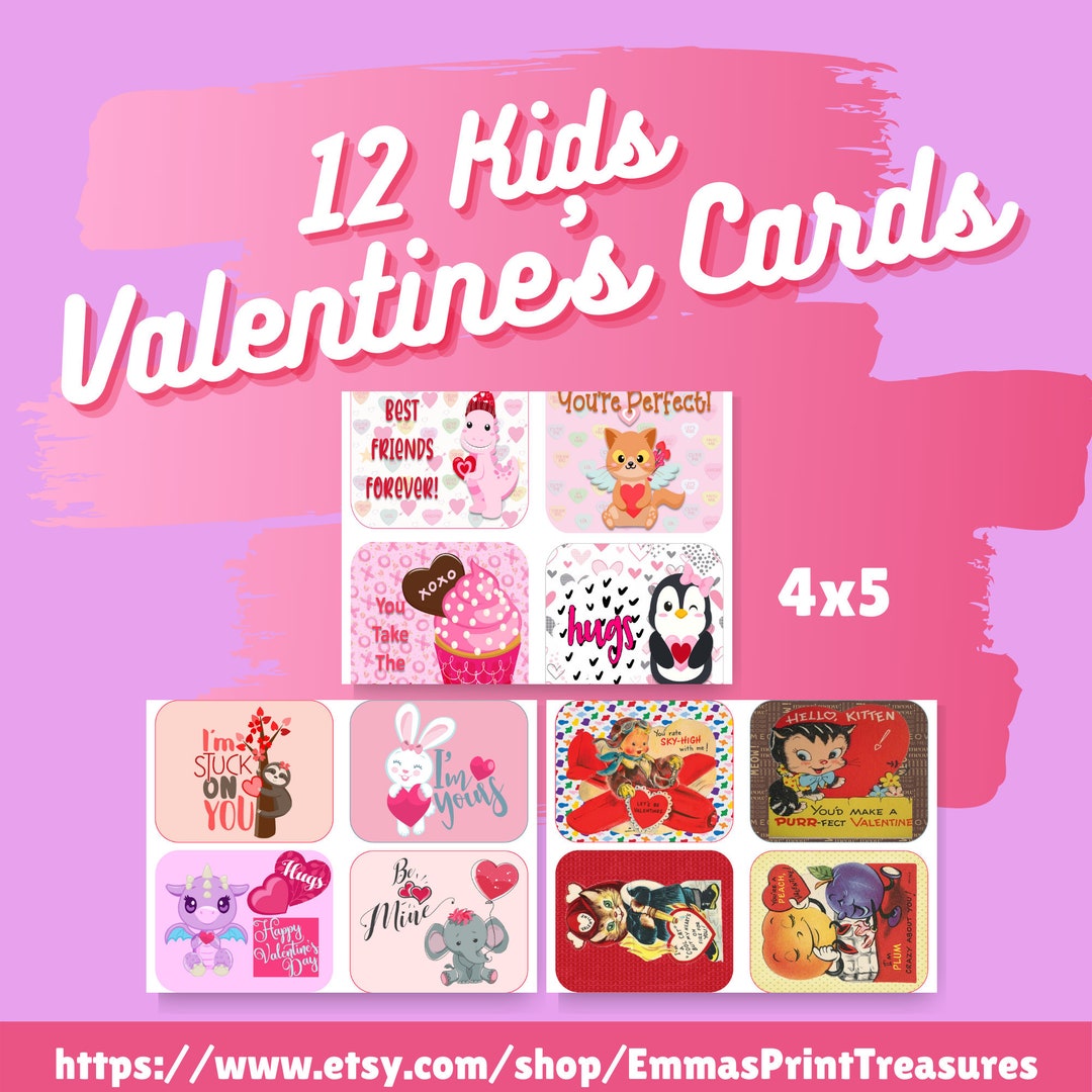 12 Valentine Cards for Kids| Assorted & Vintage| 4x5| Instant Download ...