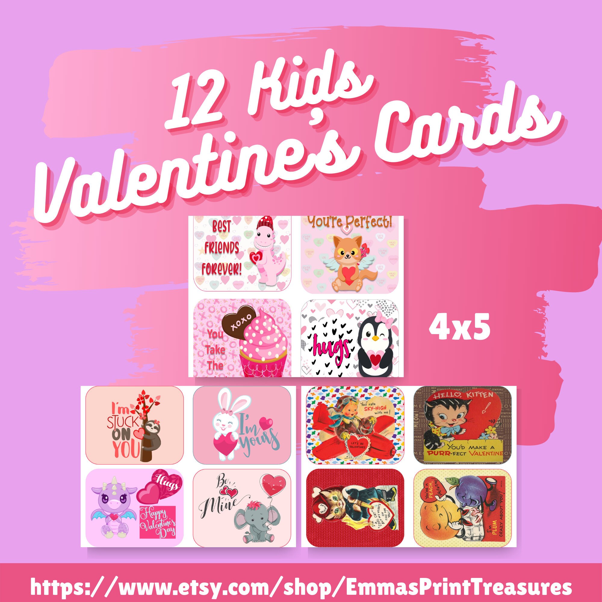 12 Valentine Cards for Kids| Assorted & Vintage| 4x5| Instant Download ...