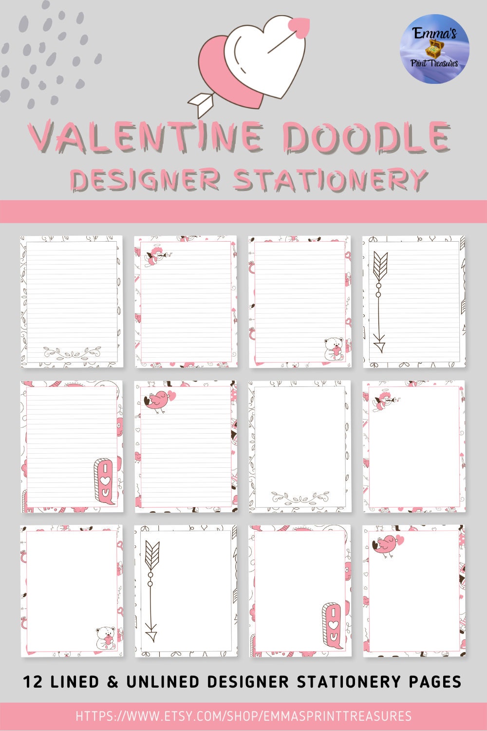 12 Valentine Doodle Stationery Pages |digital Designer Stationery ...