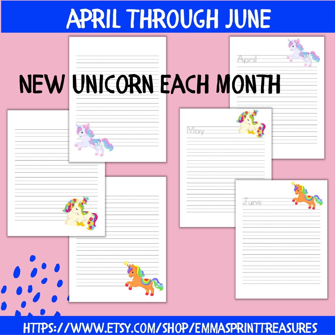 A Year of Unicorns Writing Paper for Kids 24 Practice Pages for Age 3-8 ...