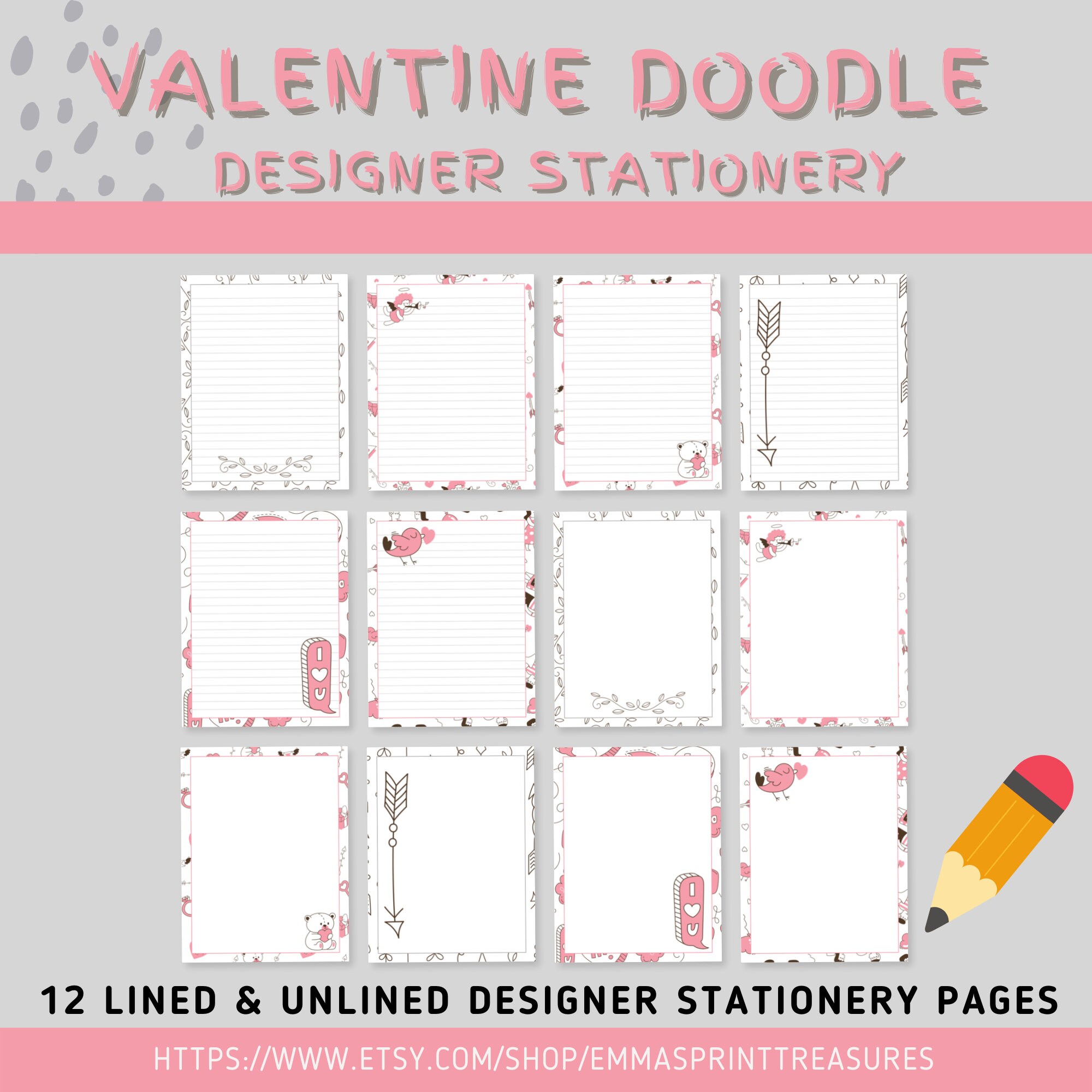 12 Valentine Doodle Stationery Pages |digital Designer Stationery ...