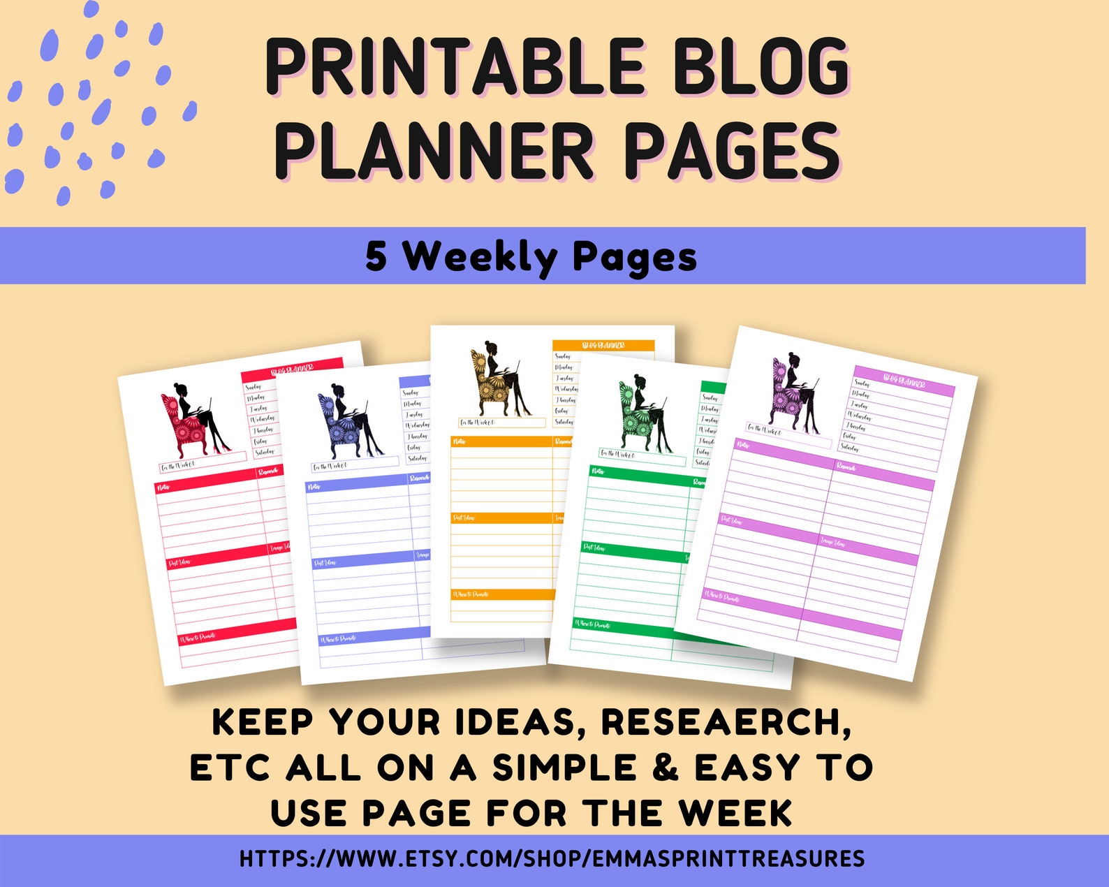 Printable Weekly Blog Planner Pages| 5 Colors - One for Each Week| Blog ...
