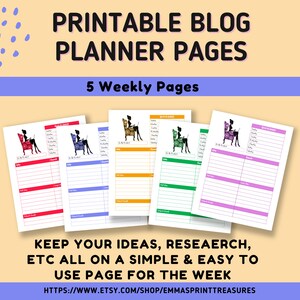 Printable Weekly Blog Planner Pages| 5 Colors - One for Each Week| Blog ...