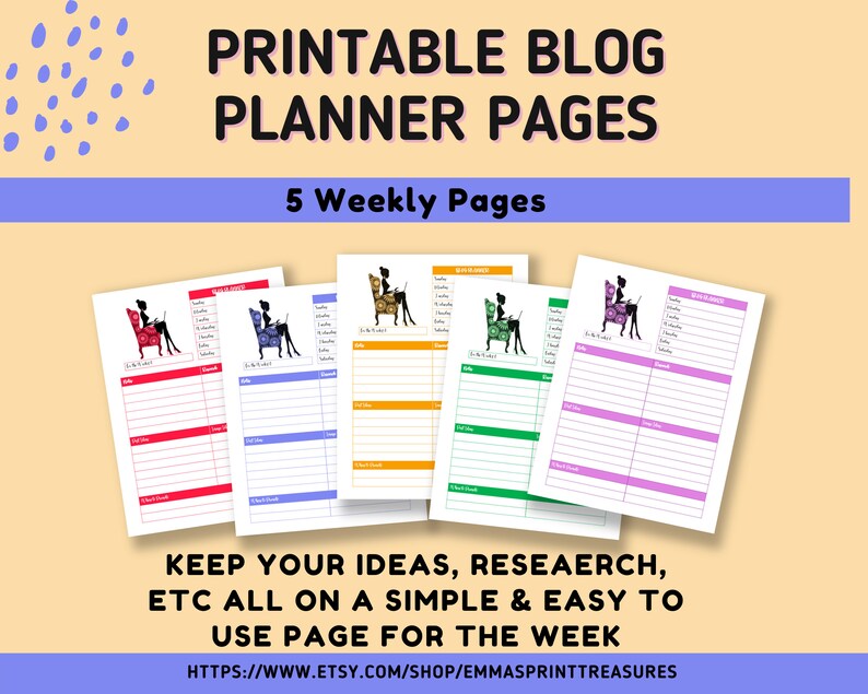 Printable Weekly Blog Planner Pages 5 Colors One for Each Week Blog ...