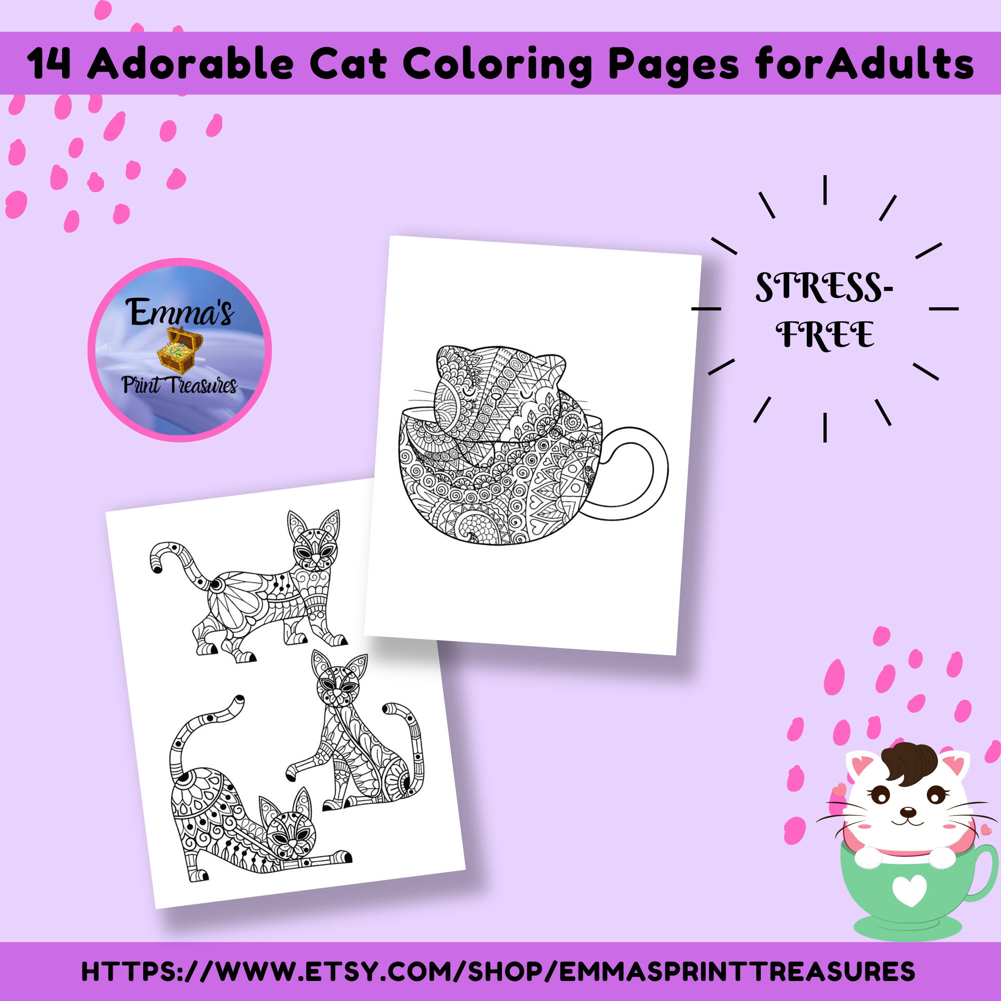 14 Adorable Cat Adult Coloring Pages| Hours of Fun| Reduce Your Stress ...