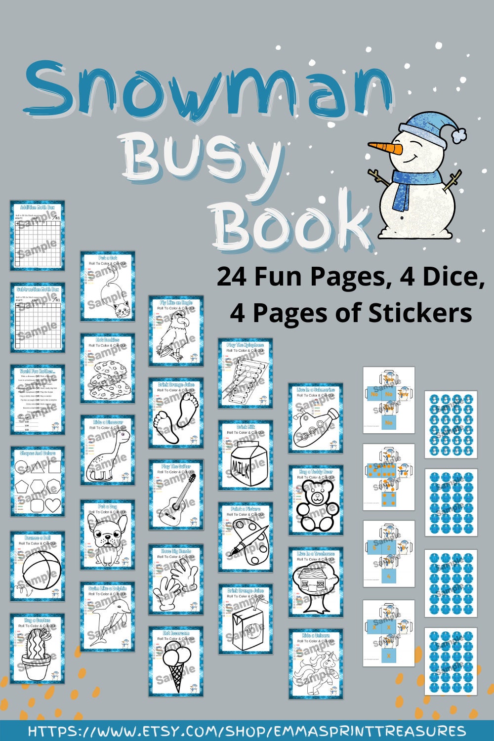 Snowman Busy Book 24 Fun Pages 4 Unique Dice 4 Pages of Stickers ...
