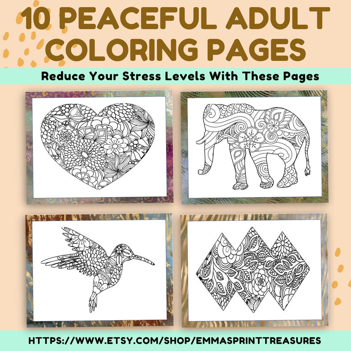 10 Peaceful Adult Coloring Pages 4 Horizonal 6 Vertical Pages Animals ...