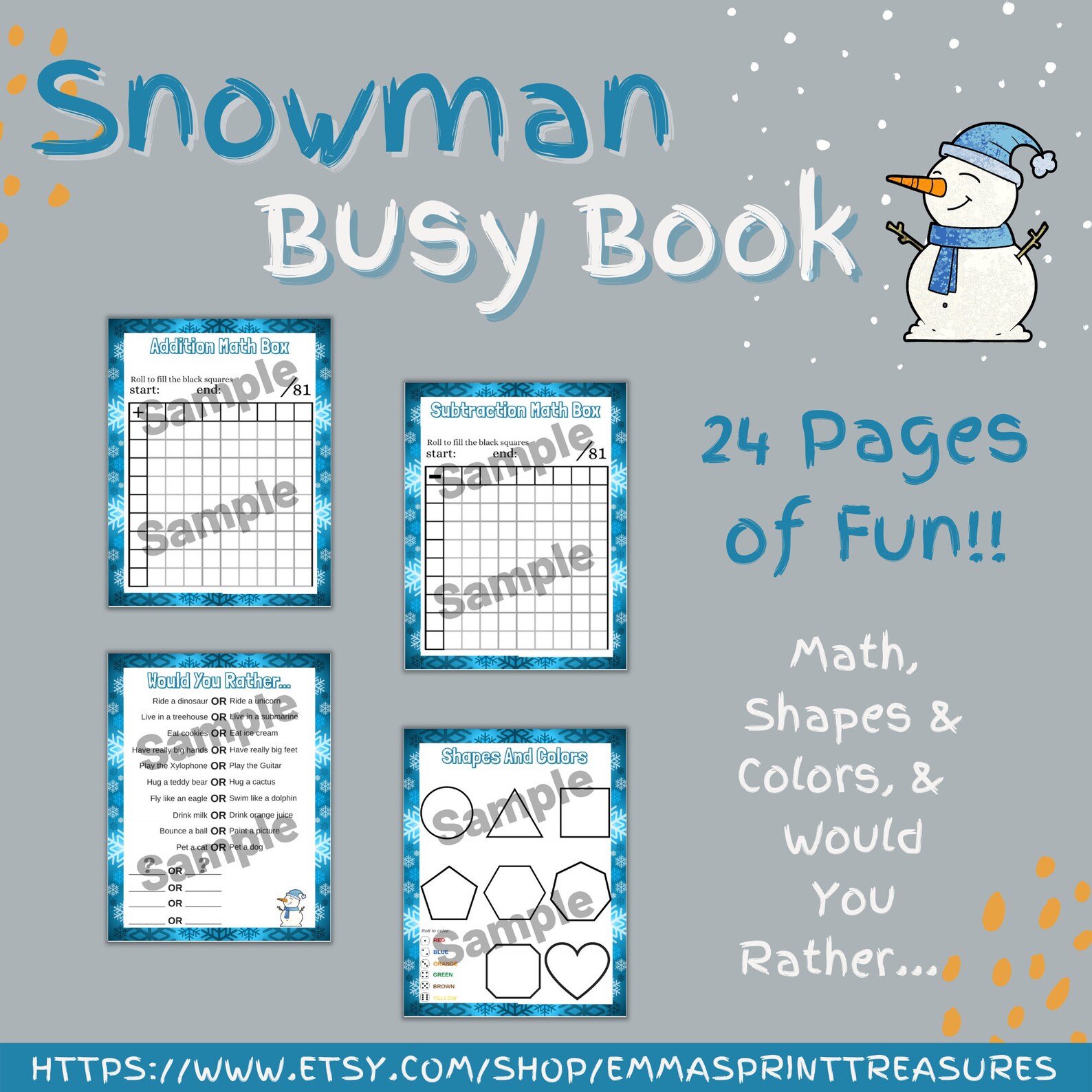 Snowman Busy Book 24 Fun Pages 4 Unique Dice 4 Pages of Stickers ...