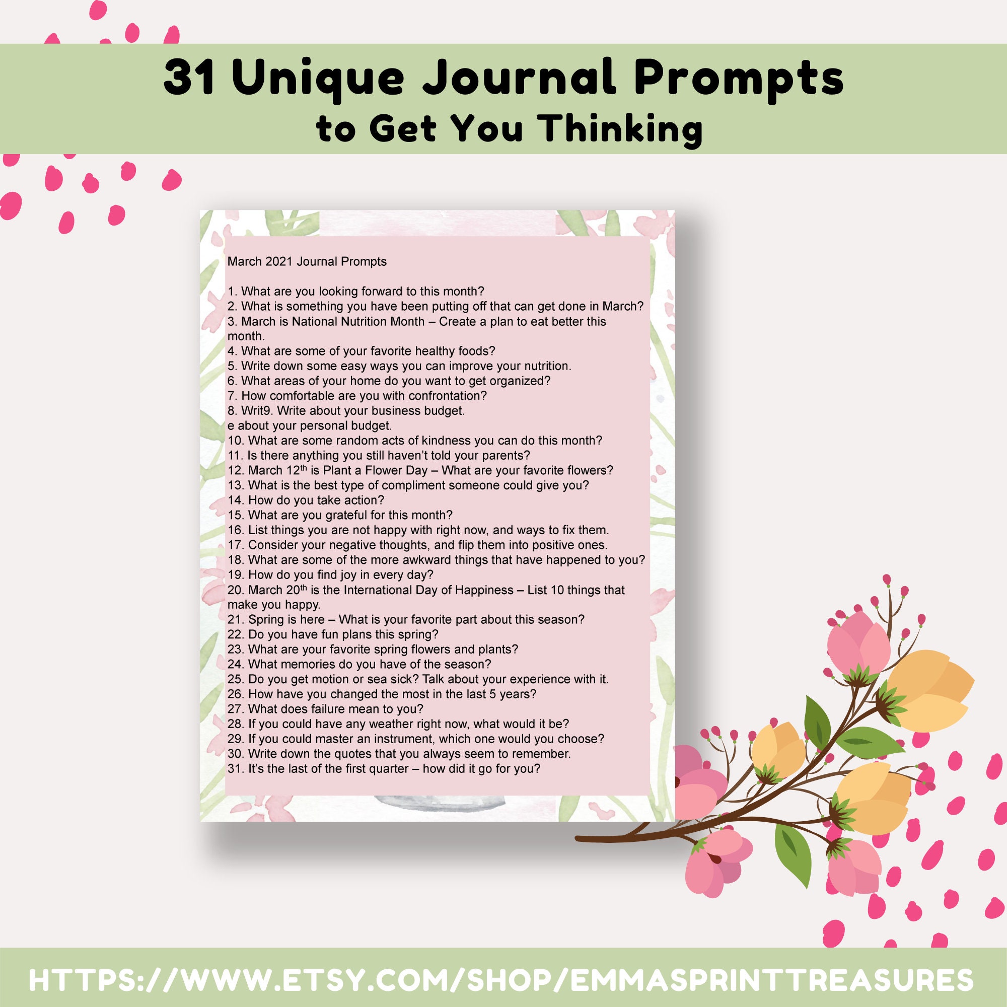 My March Journal 31 Unique Prompts Monthly Overview Themed - Etsy