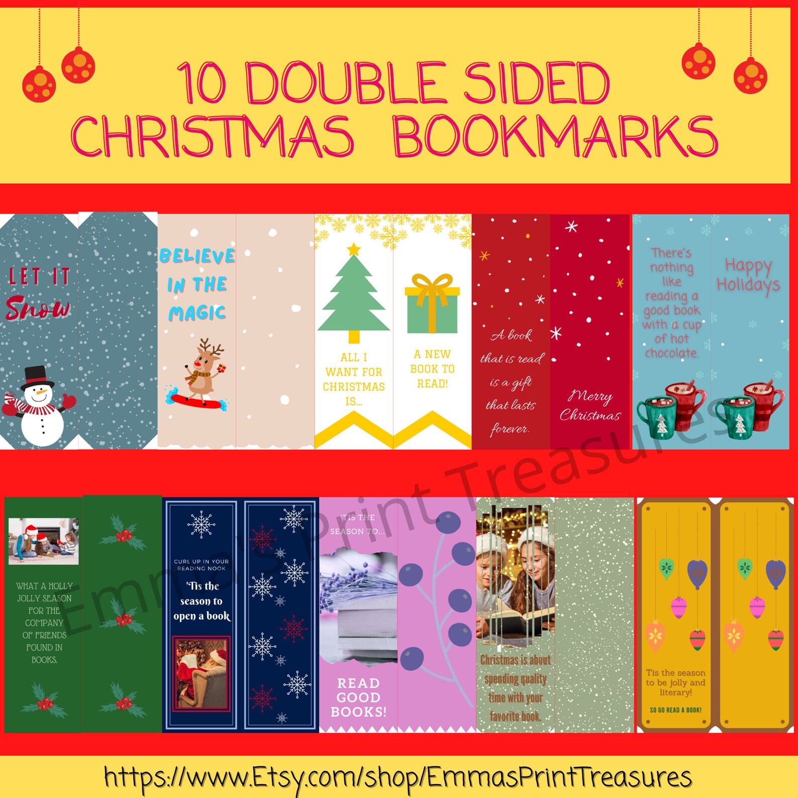 10 Double Sided Christmas Bookmarks| 2x6 In| Booklover Gift| Digital ...