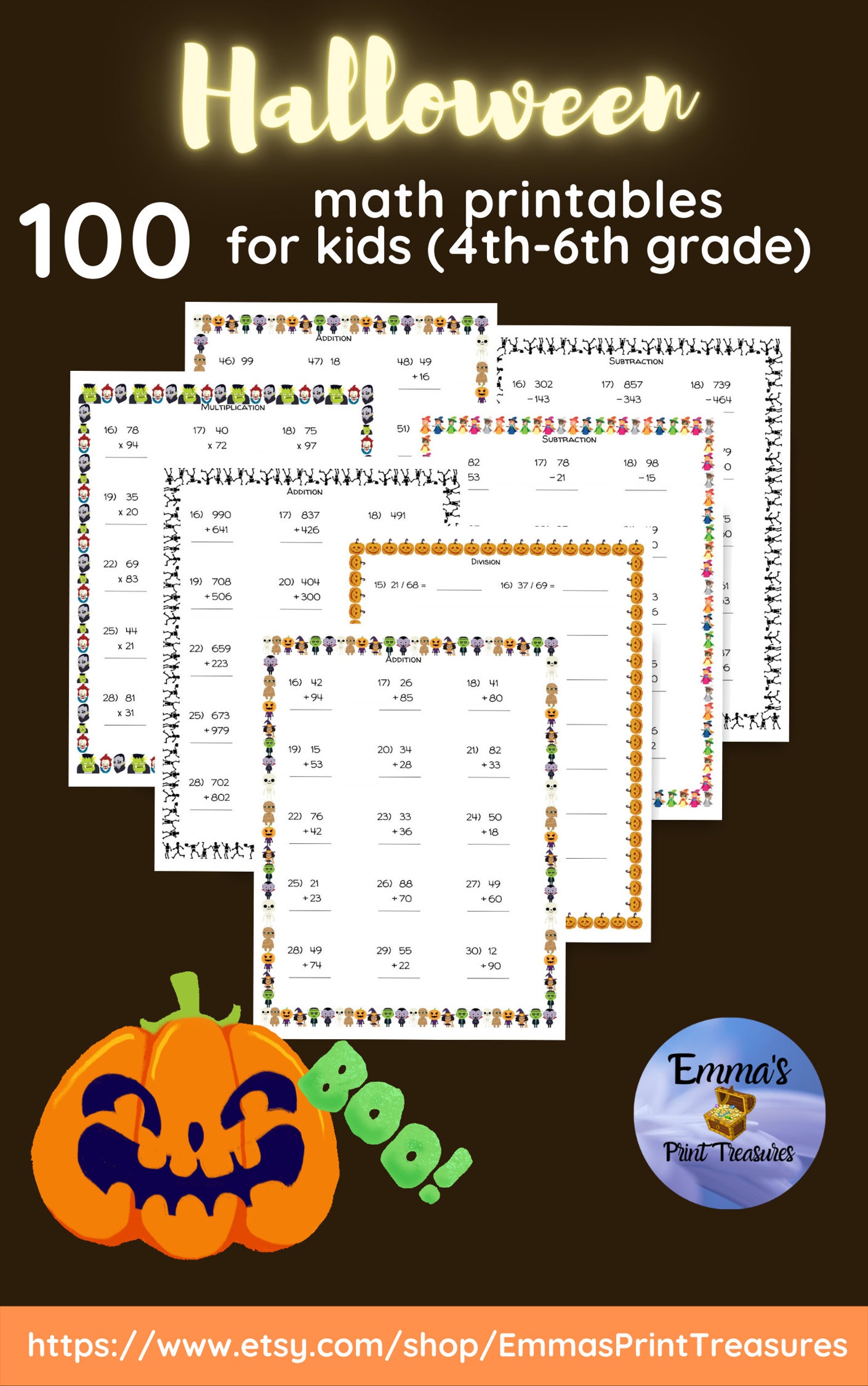 Halloween Math Printables for Kids| 4th to 6th Grade| Addition ...