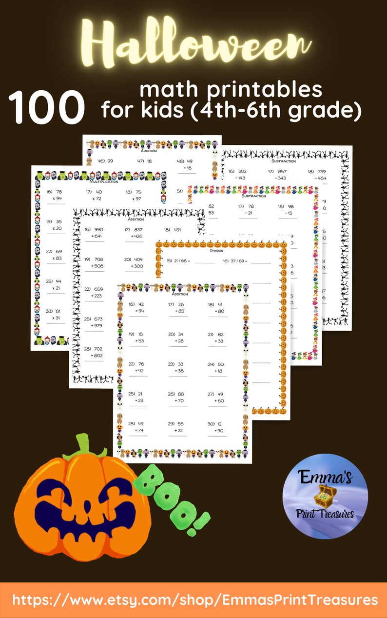 Halloween Math Printables for Kids| 4th to 6th Grade| Addition ...