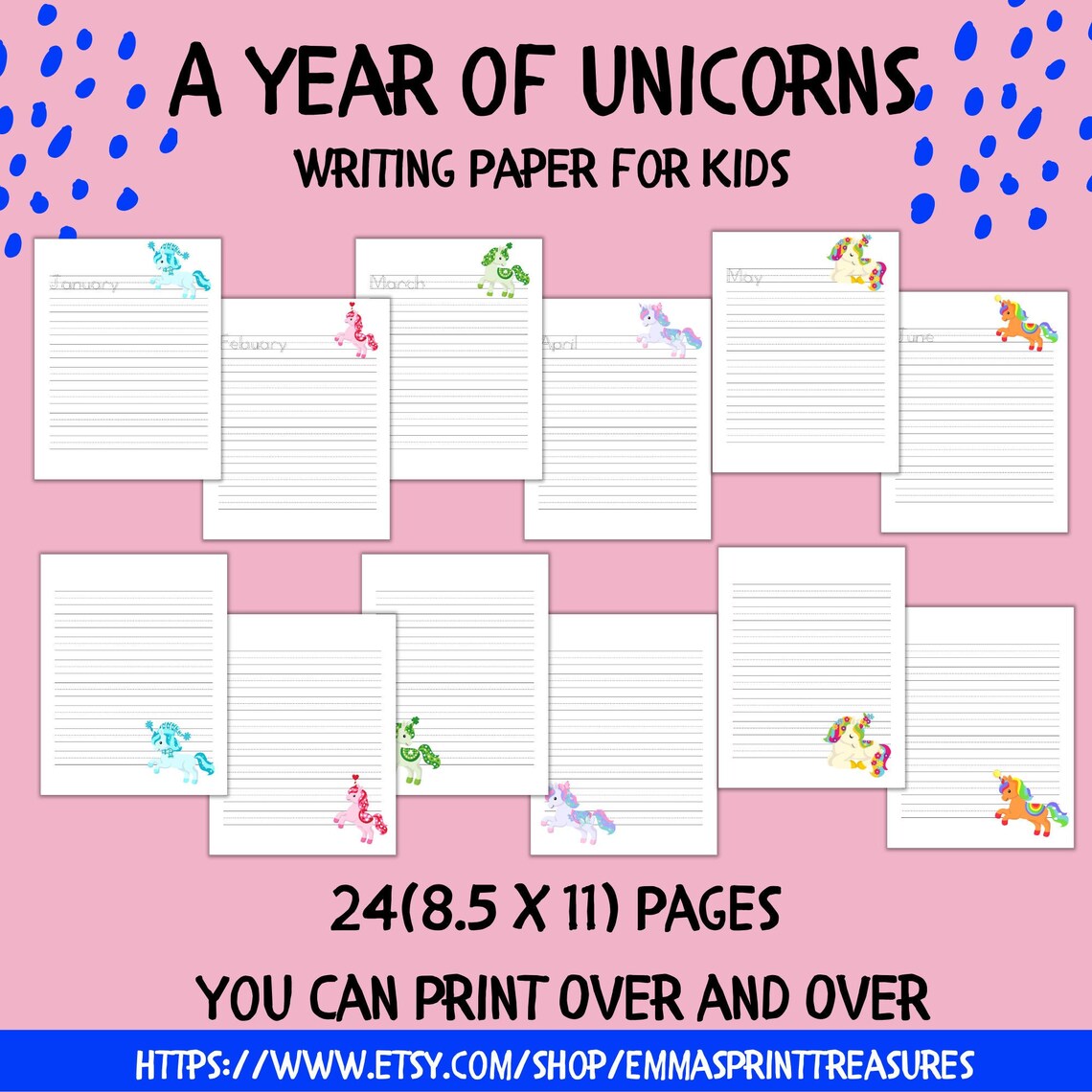 A Year of Unicorns Writing Paper for Kids 24 Practice Pages for Age 3-8 ...