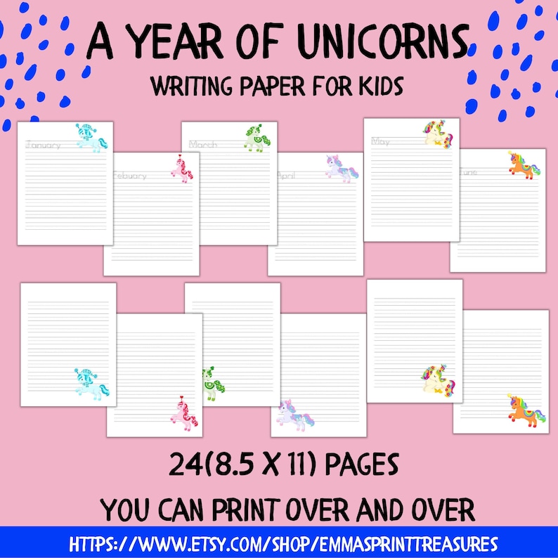 A Year of Unicorns Writing Paper for Kids 24 Practice Pages for Age 3-8 ...
