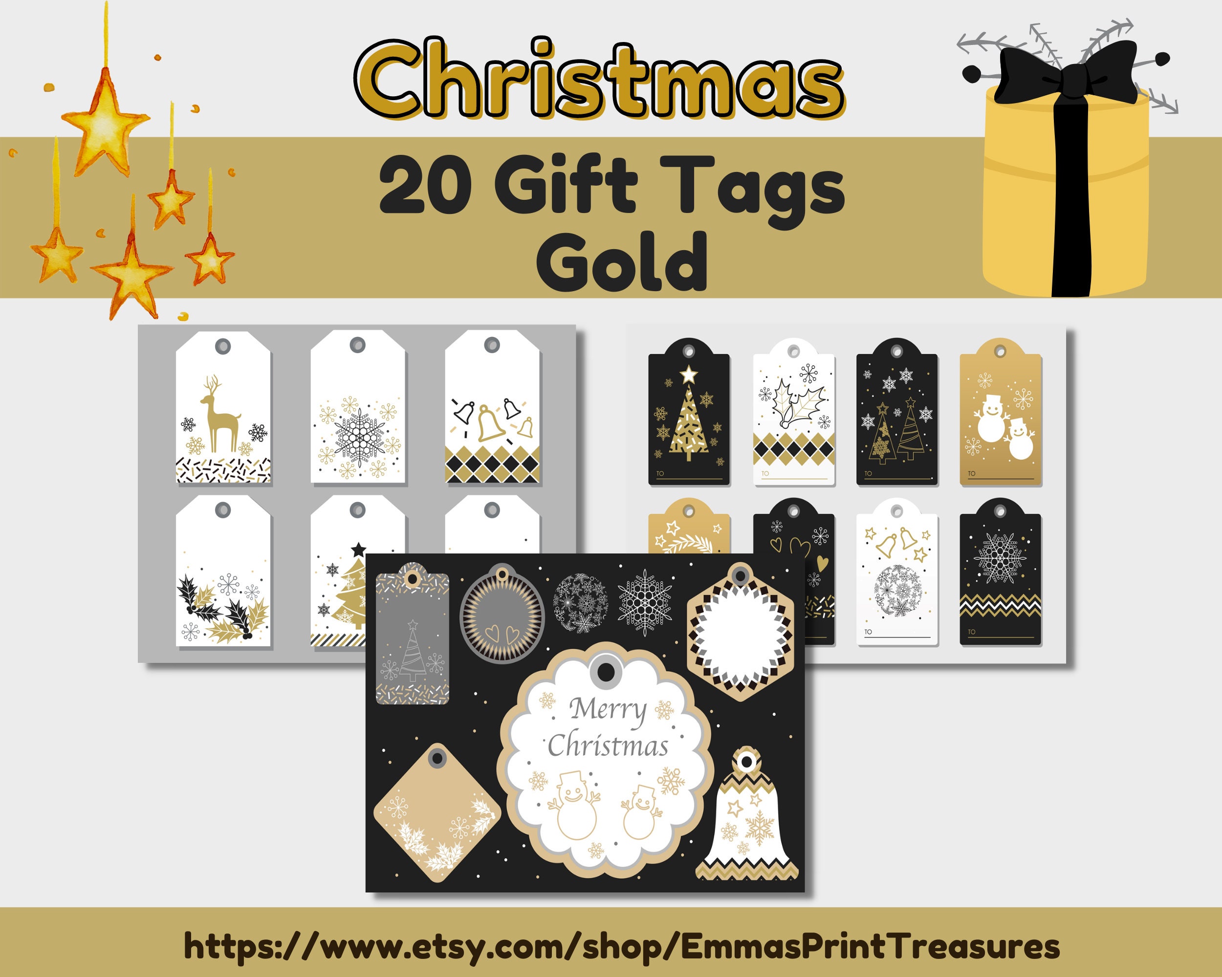 20 Printable Christmas Gift Tags - Gold| Digital Download| Party Favor ...