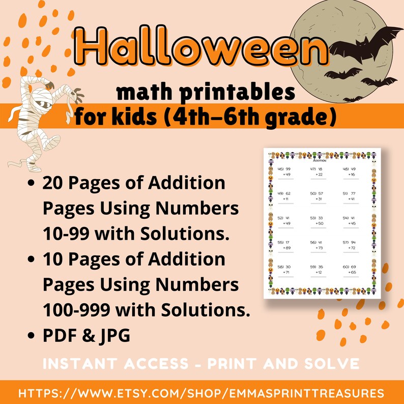 Halloween Math Printables for Kids| 4th to 6th Grade| Addition ...