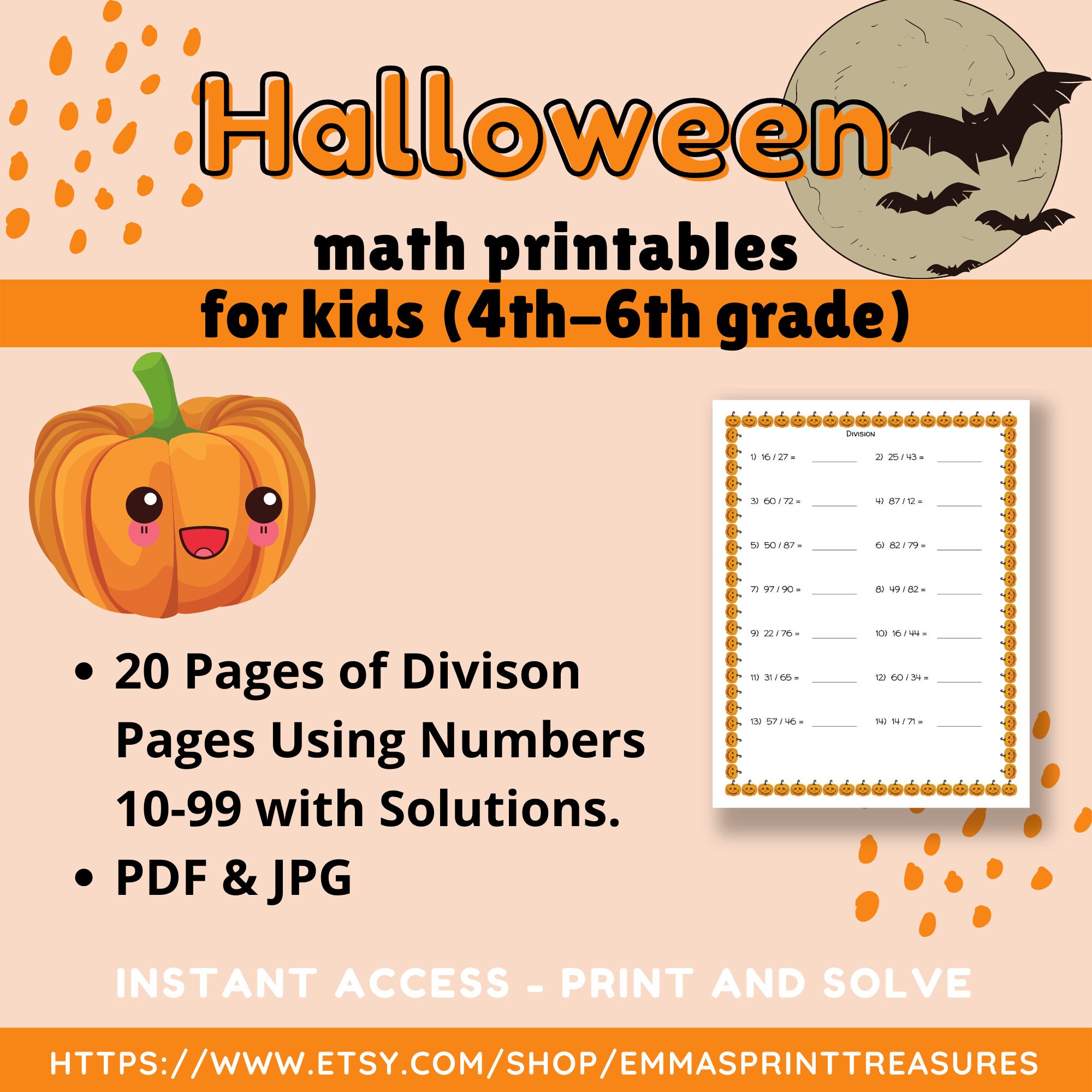 Halloween Math Printables for Kids| 4th to 6th Grade| Addition ...