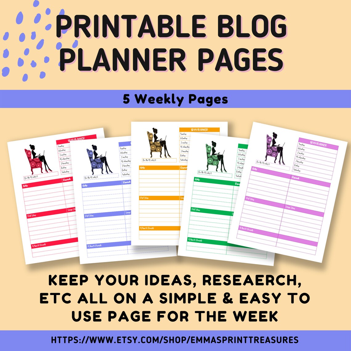 Printable Weekly Blog Planner Pages 5 Colors One for Each Week Blog ...