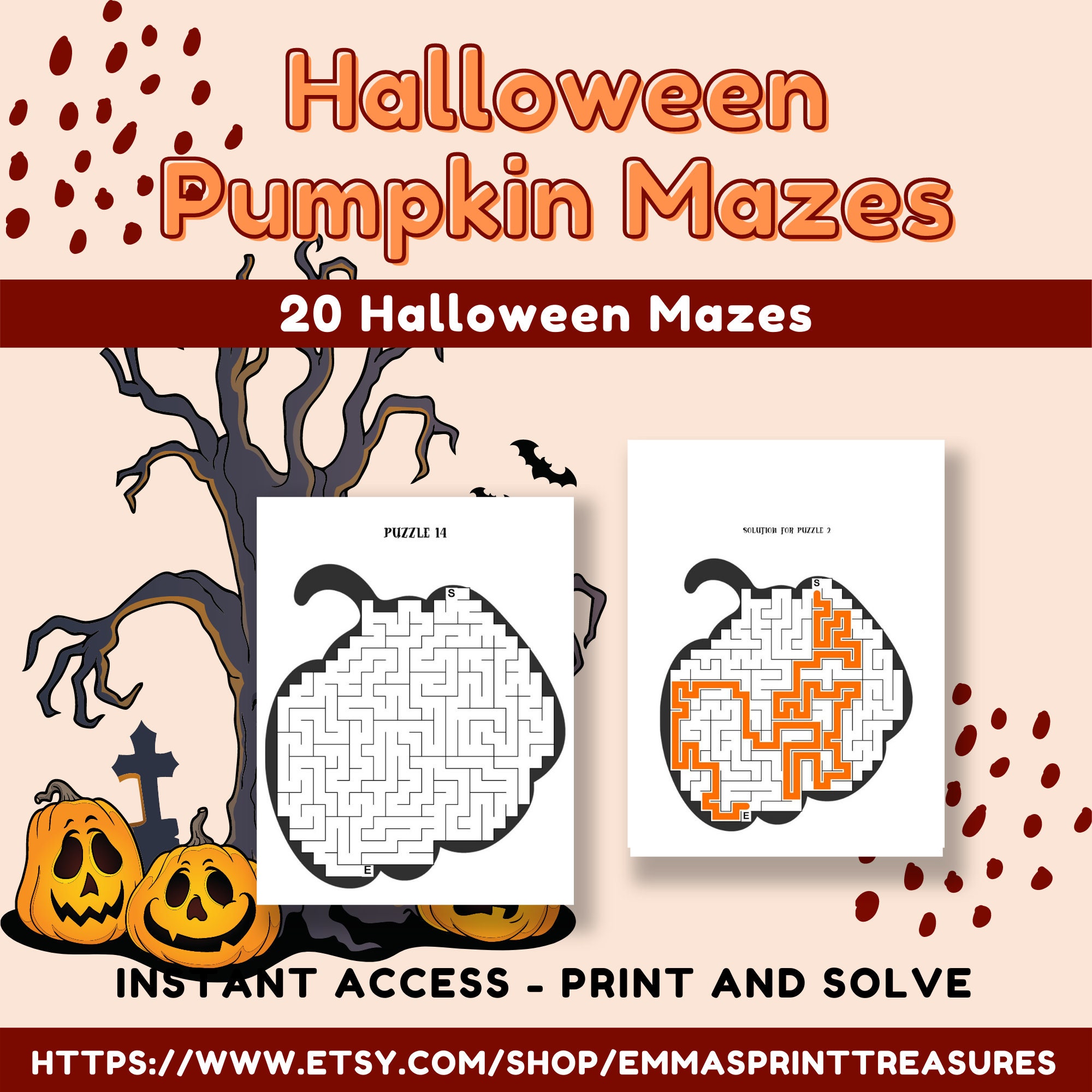 20 Halloween Pumpkin Mazes and Solutions Relax and Enjoy - Etsy