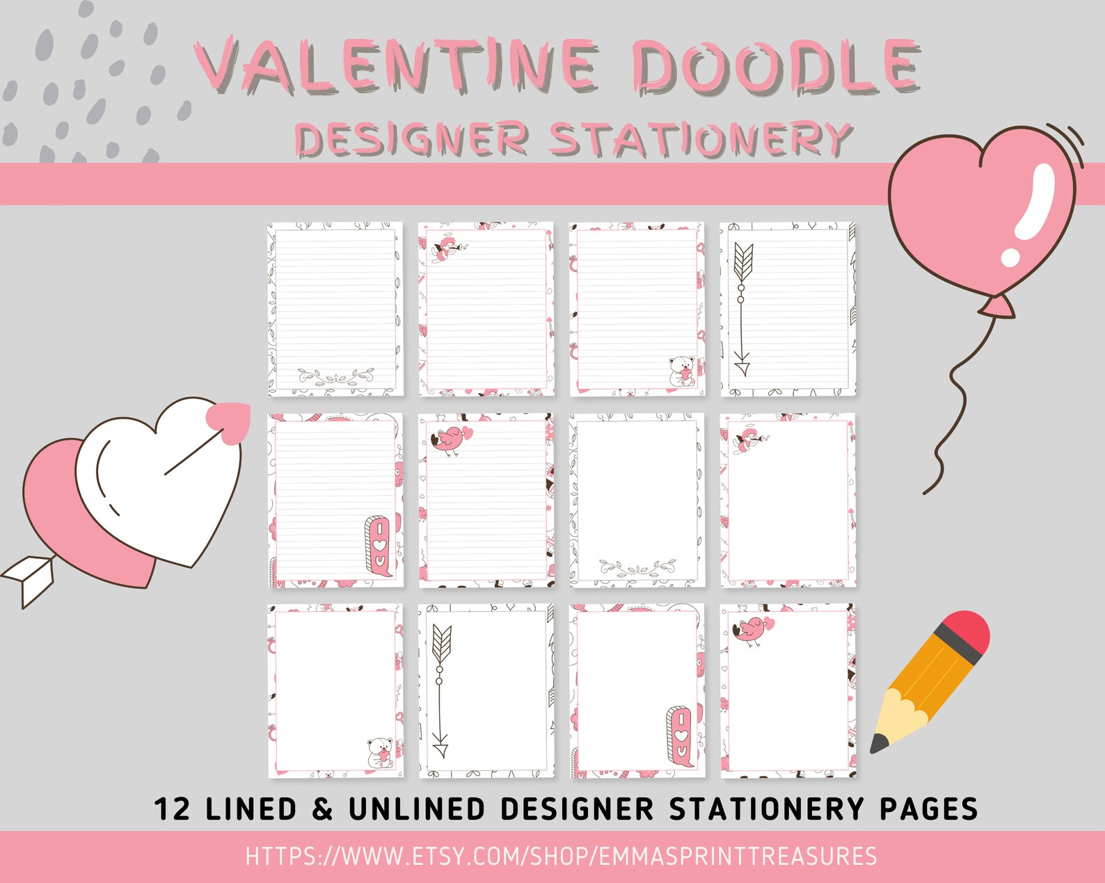 12 Valentine Doodle Stationery Pages |digital Designer Stationery ...