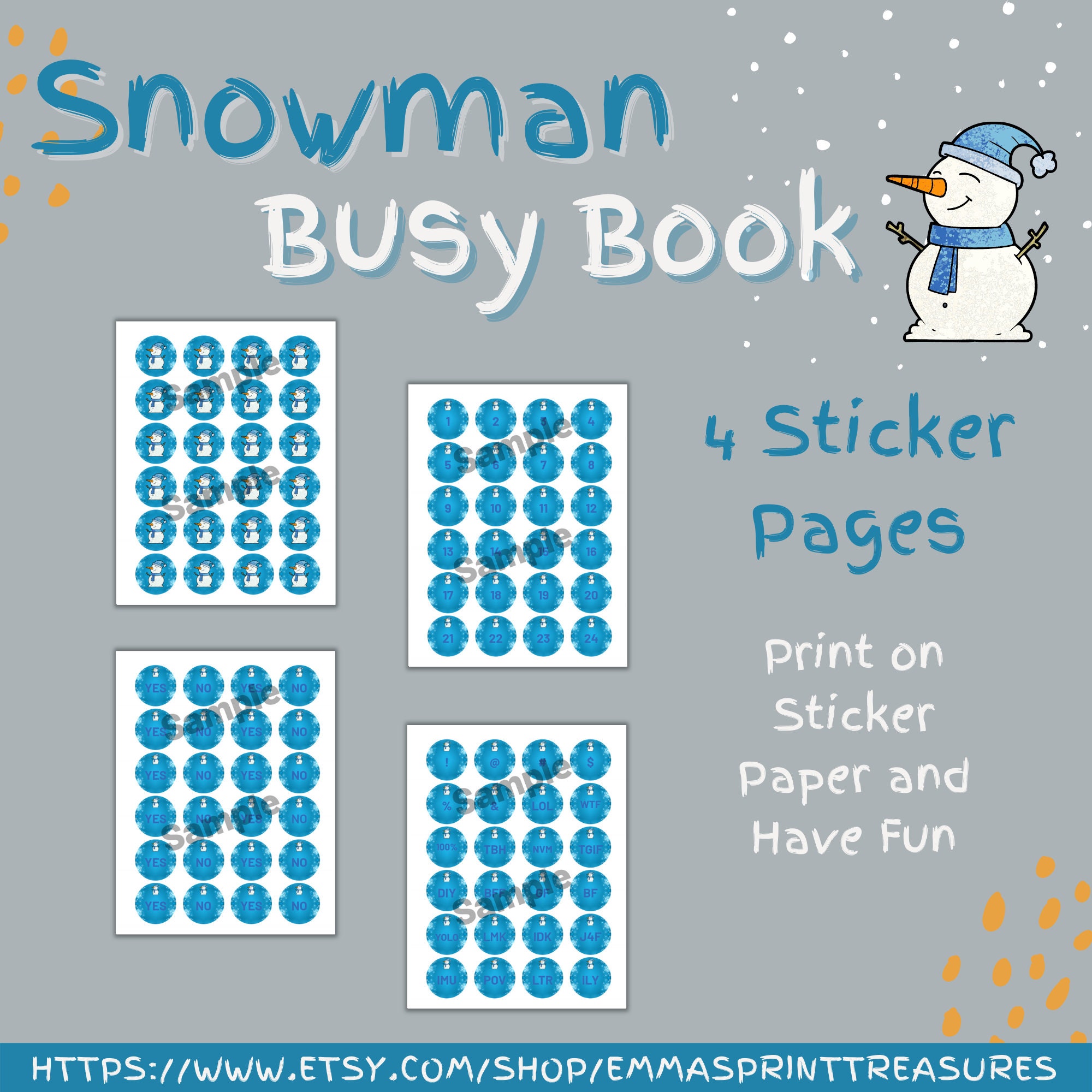 Snowman Busy Book 24 Fun Pages 4 Unique Dice 4 Pages of Stickers ...