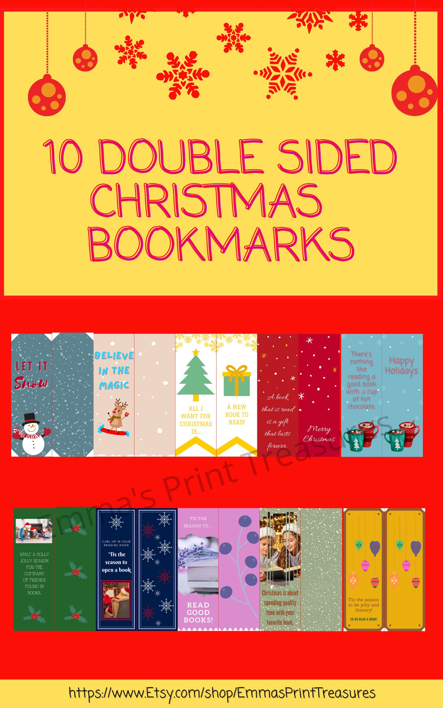 10 Double Sided Christmas Bookmarks 2x6 In Booklover Gift - Etsy