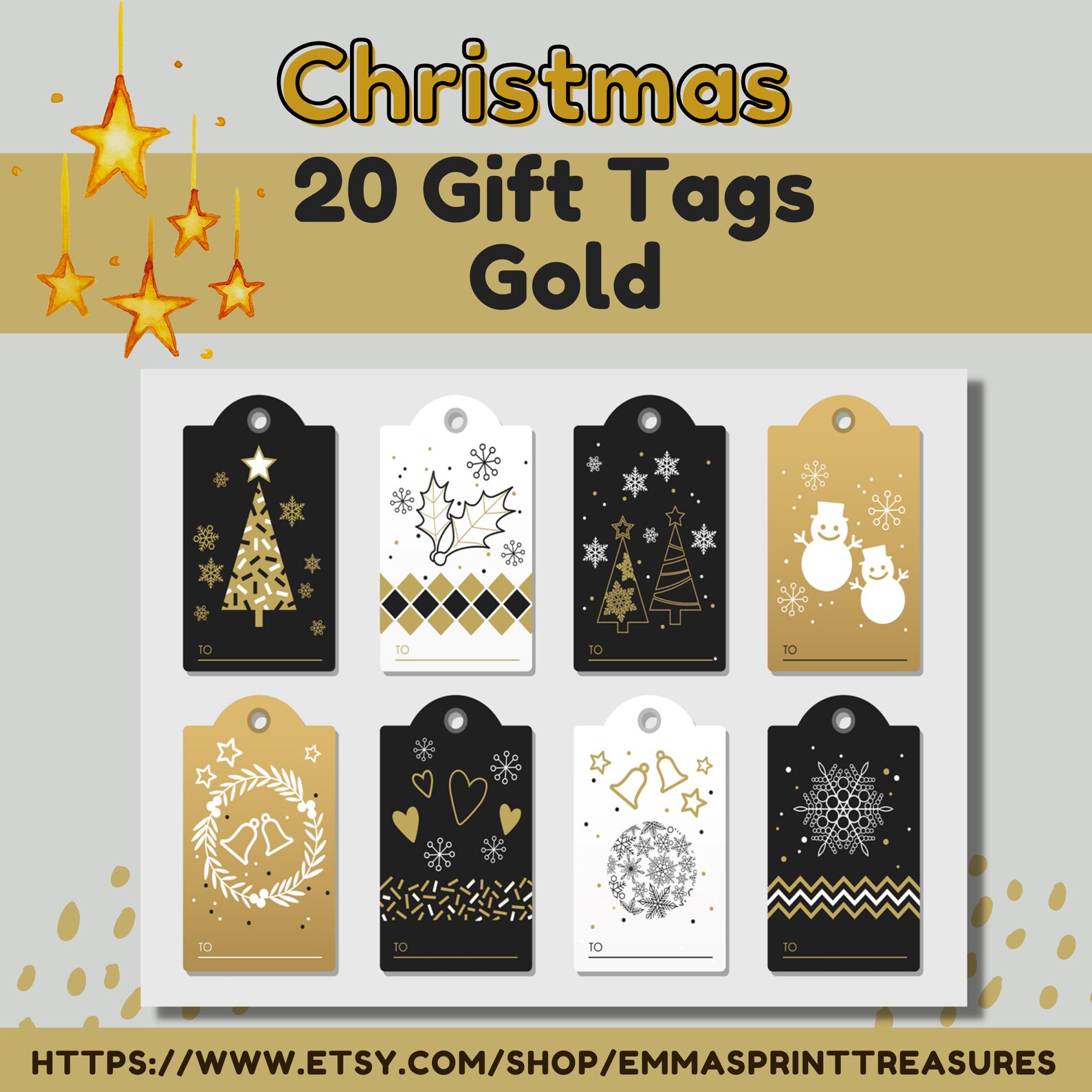 20 Printable Christmas Gift Tags - Gold| Digital Download| Party Favor ...