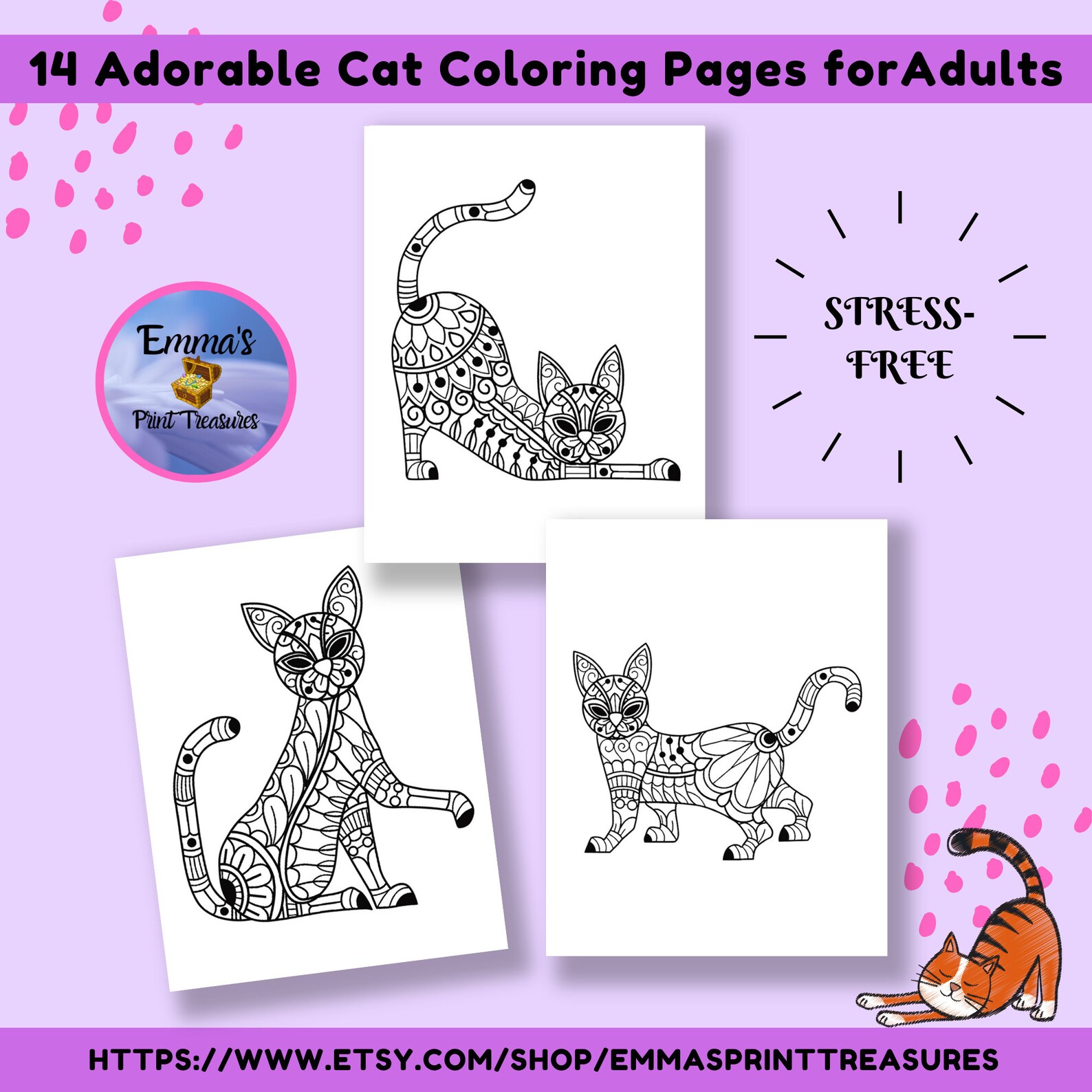 14 Adorable Cat Adult Coloring Pages| Hours of Fun| Reduce Your Stress ...