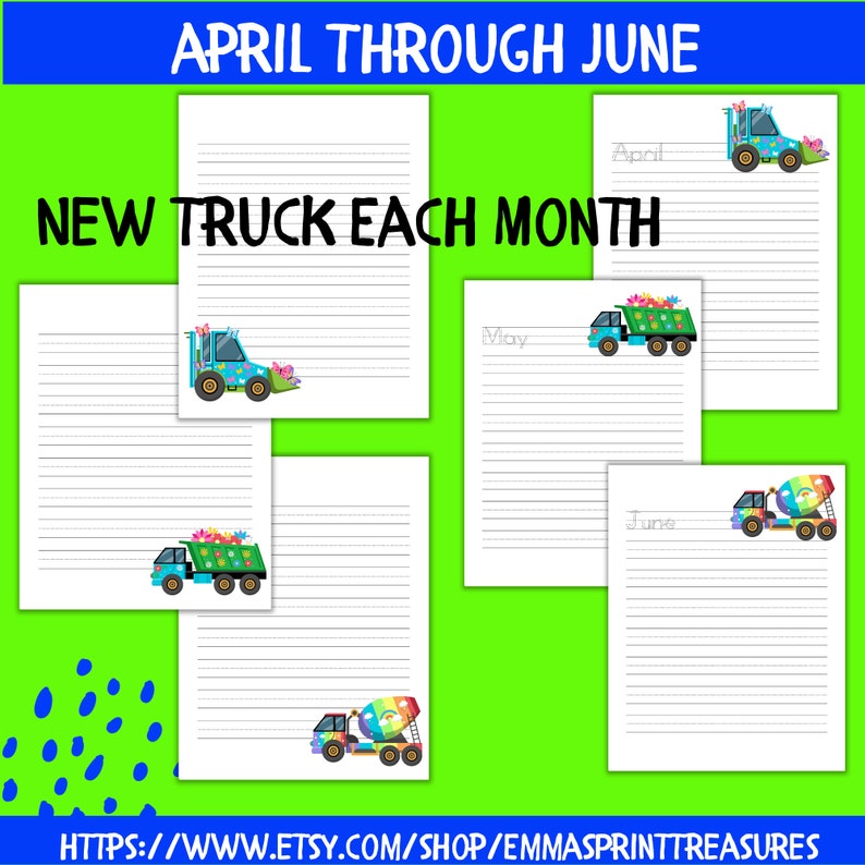 A Year of Trucks Writing Paper for Kids| 24 Practice Pages for Age 3-8 ...