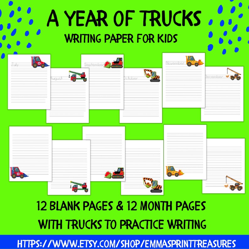 A Year of Trucks Writing Paper for Kids| 24 Practice Pages for Age 3-8 ...