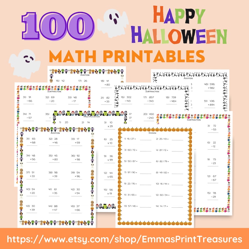 Halloween Math Printables for Kids| 4th to 6th Grade| Addition ...