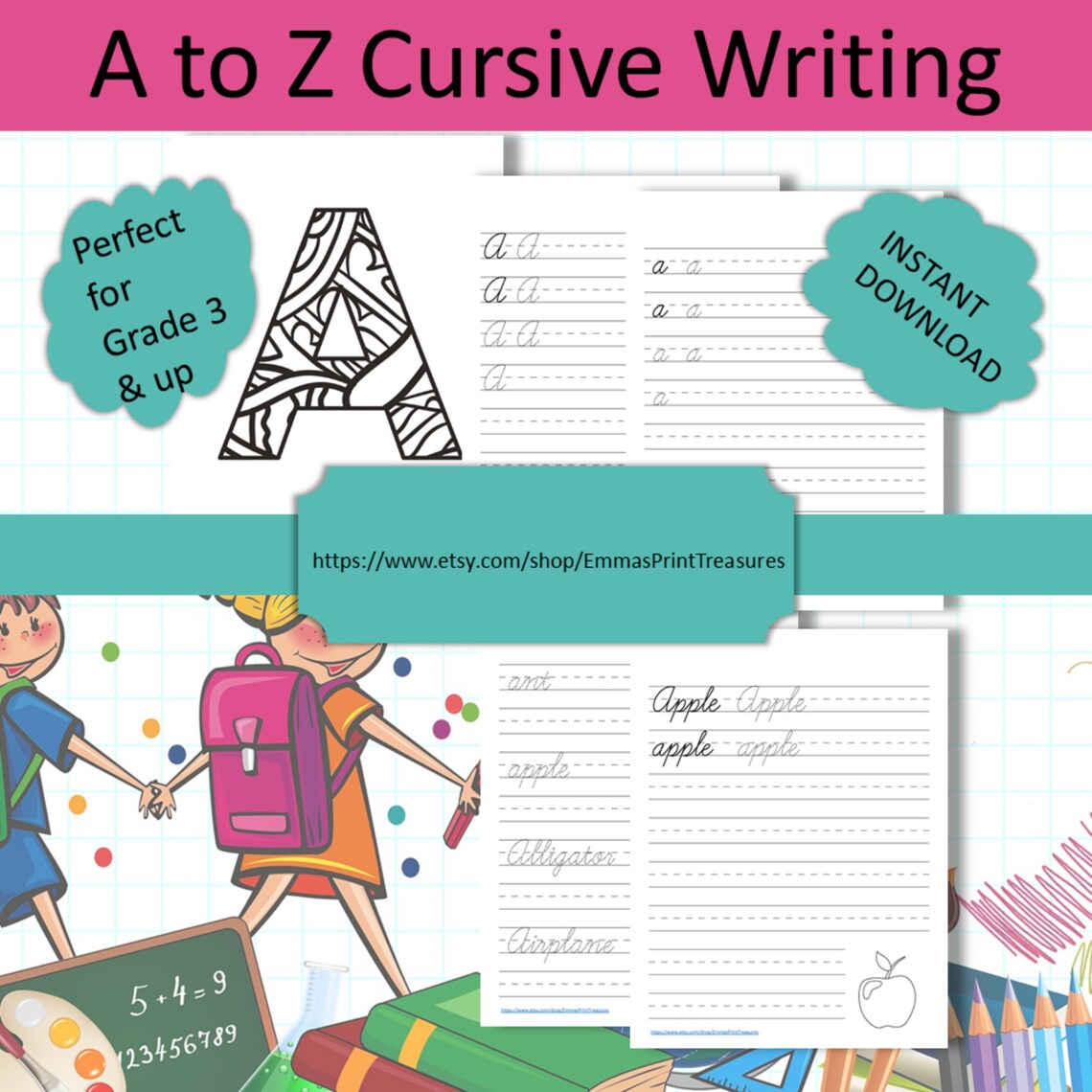A to Z Cursive Writing Pack| 1 Cap Page, 1 Lower Page, 2 Word Page, 1 ...