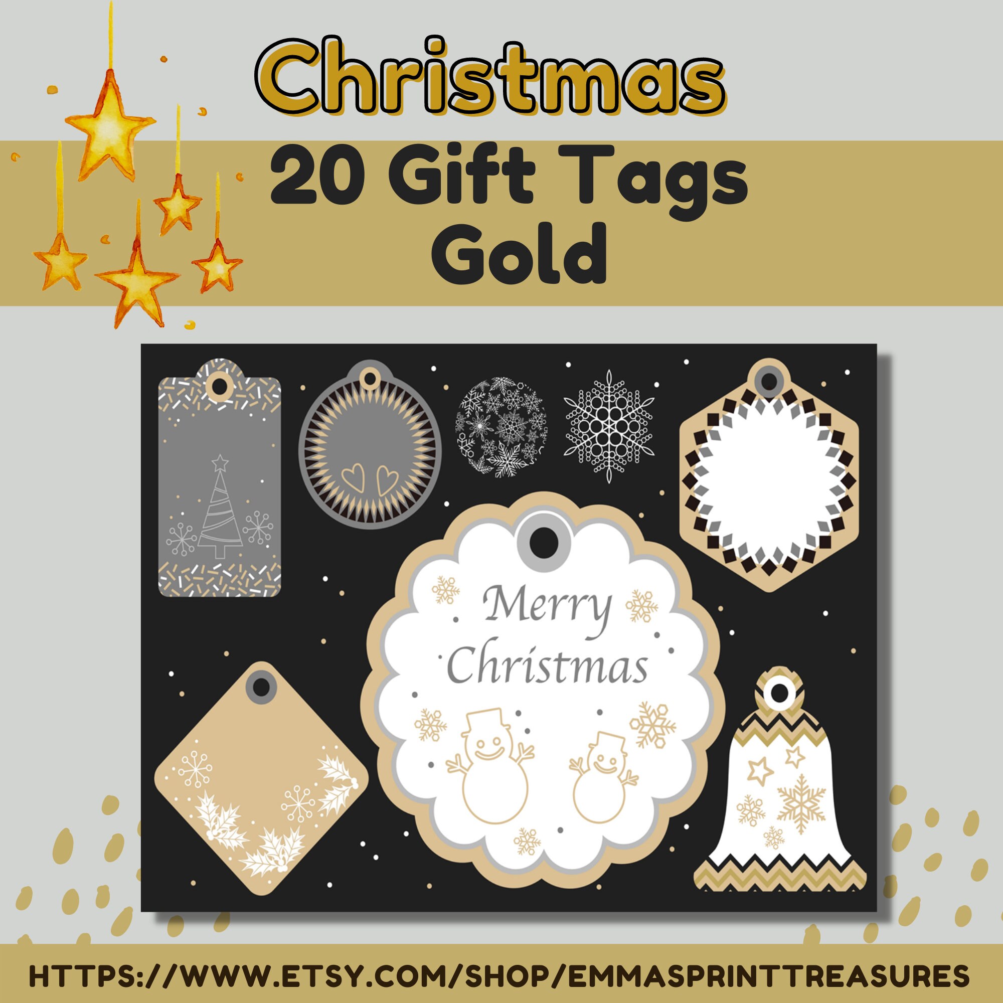 20 Printable Christmas Gift Tags - Gold| Digital Download| Party Favor ...