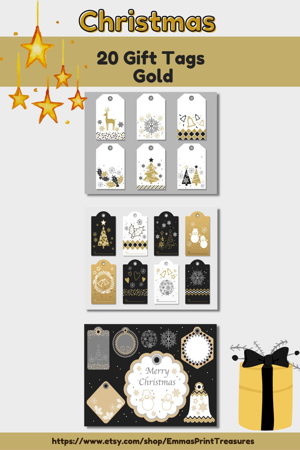20 Printable Christmas Gift Tags - Gold| Digital Download| Party Favor ...