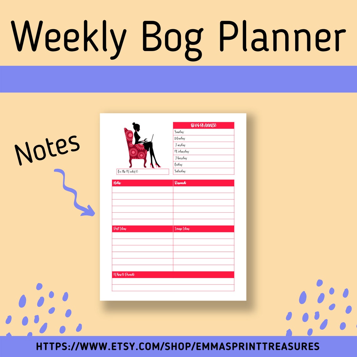 Printable Weekly Blog Planner Pages 5 Colors One for Each Week Blog ...