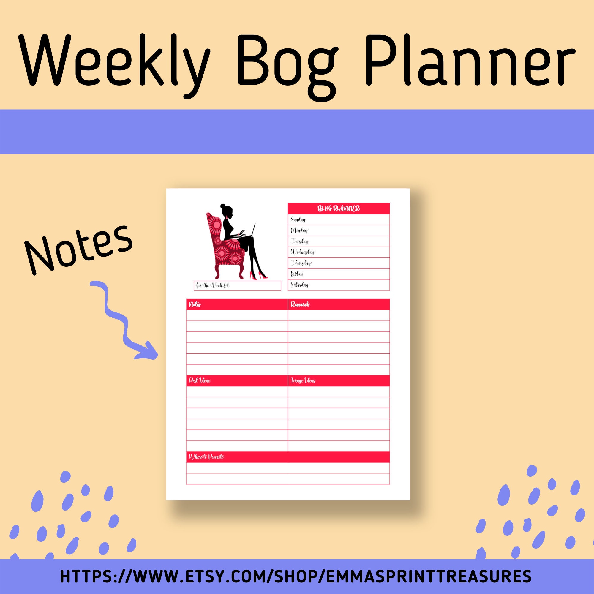 Printable Weekly Blog Planner Pages 5 Colors One for Each Week Blog ...