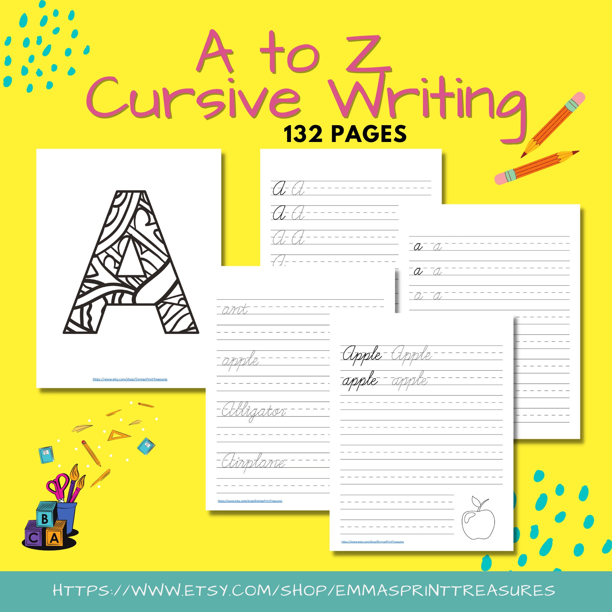 A to Z Cursive Writing Pack| 1 Cap Page, 1 Lower Page, 2 Word Page, 1 ...