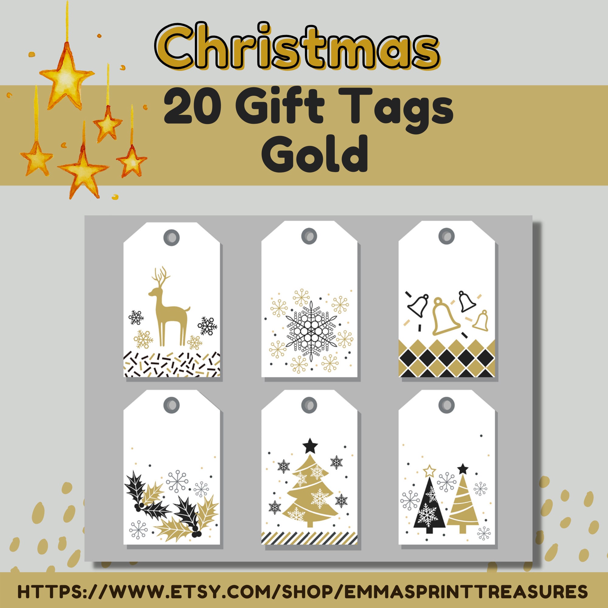 20 Printable Christmas Gift Tags - Gold| Digital Download| Party Favor ...