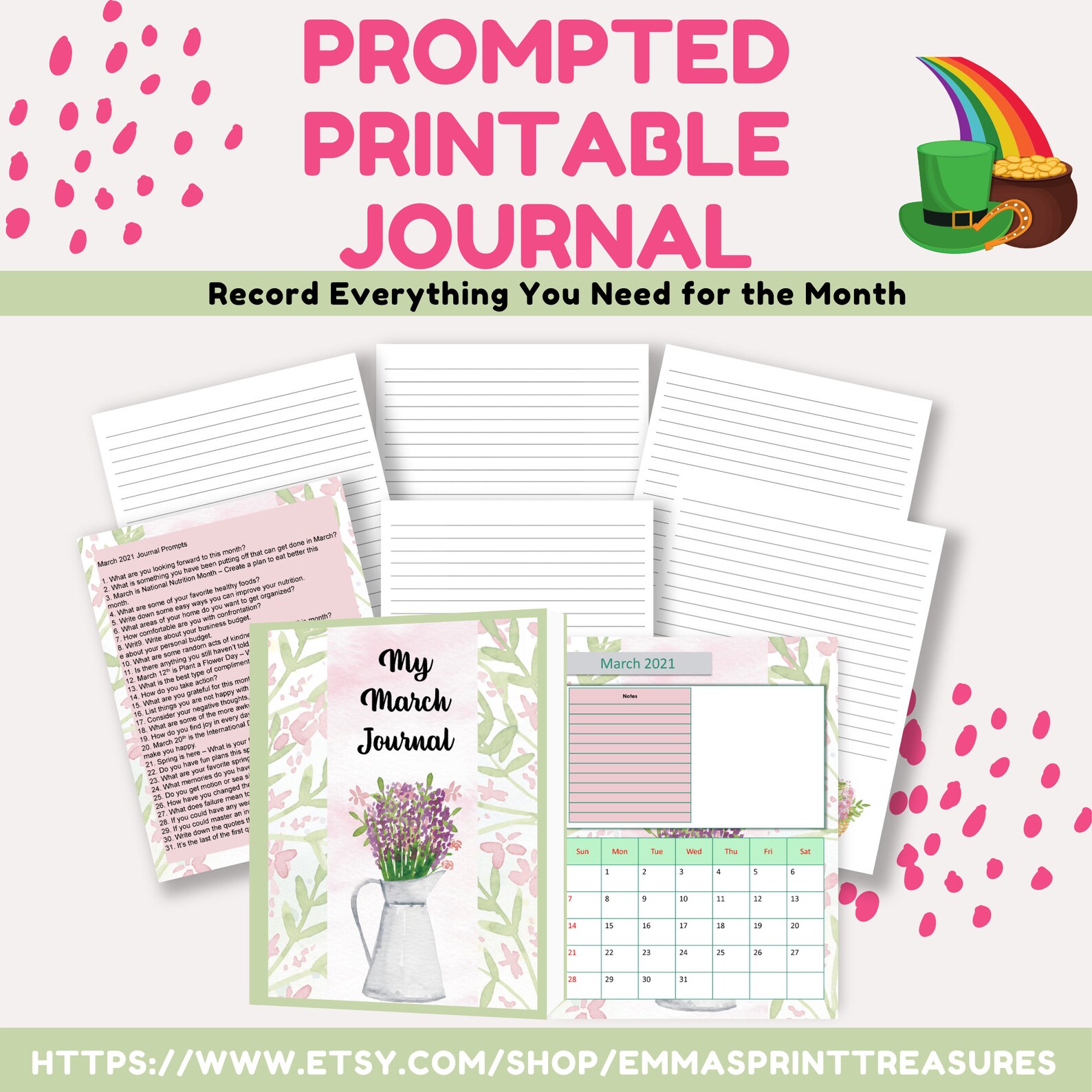 My March Journal| 31 Unique Prompts| Monthly Overview| Themed Lined ...