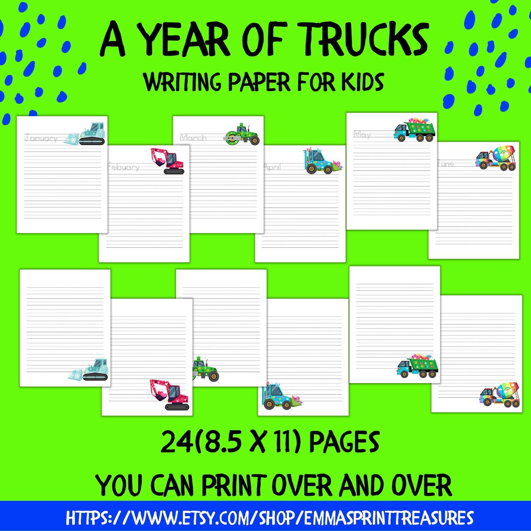 A Year of Trucks Writing Paper for Kids| 24 Practice Pages for Age 3-8 ...