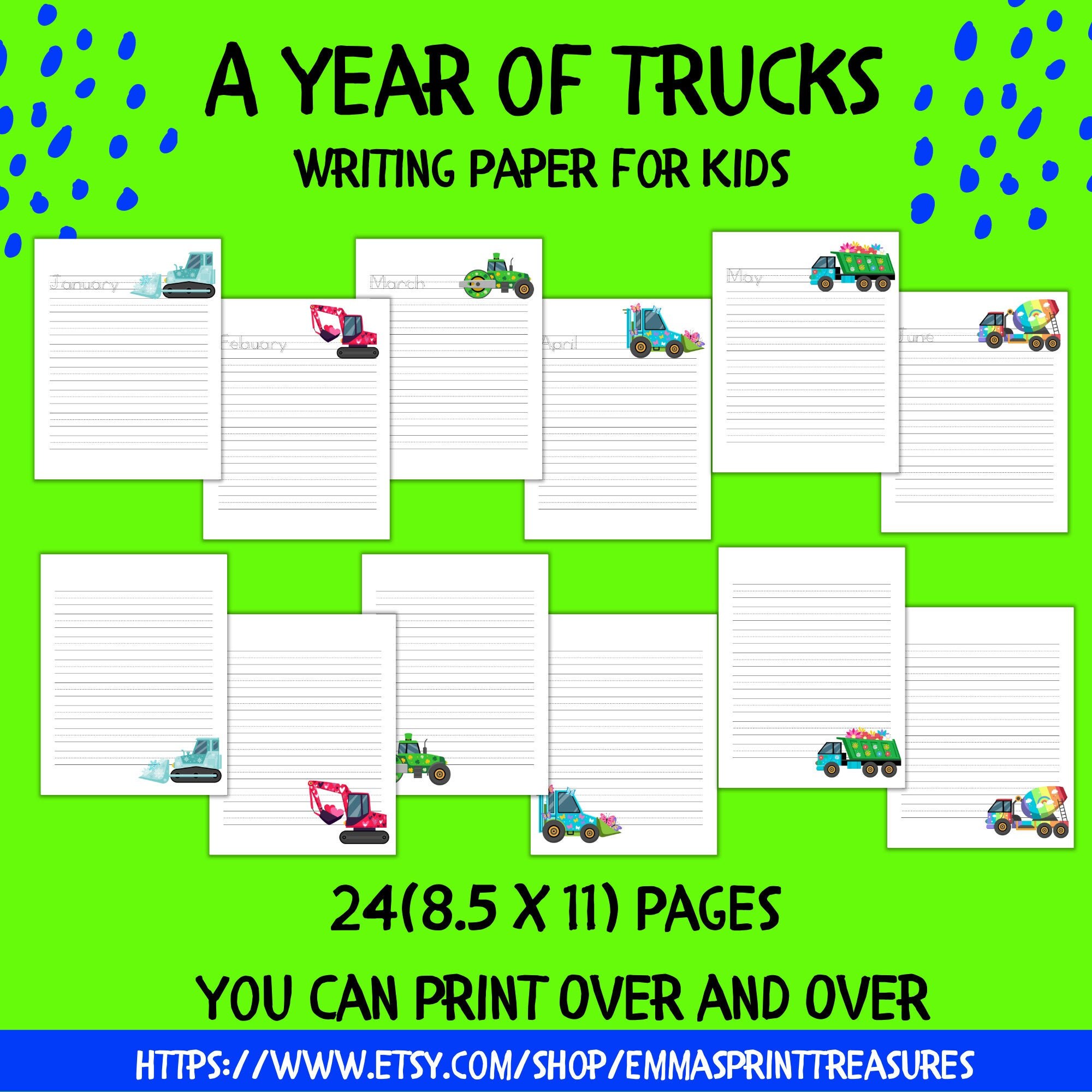 A Year of Trucks Writing Paper for Kids| 24 Practice Pages for Age 3-8 ...