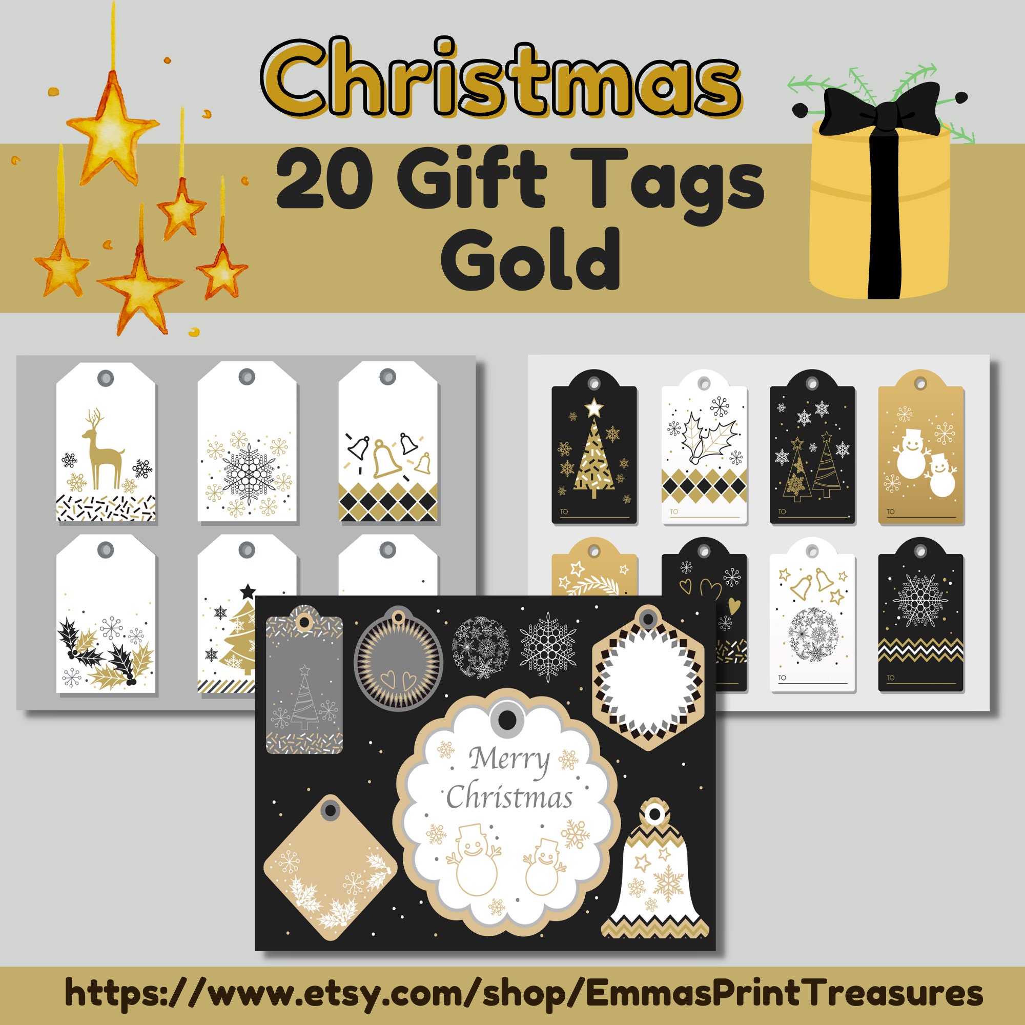 20 Printable Christmas Gift Tags - Gold| Digital Download| Party Favor ...