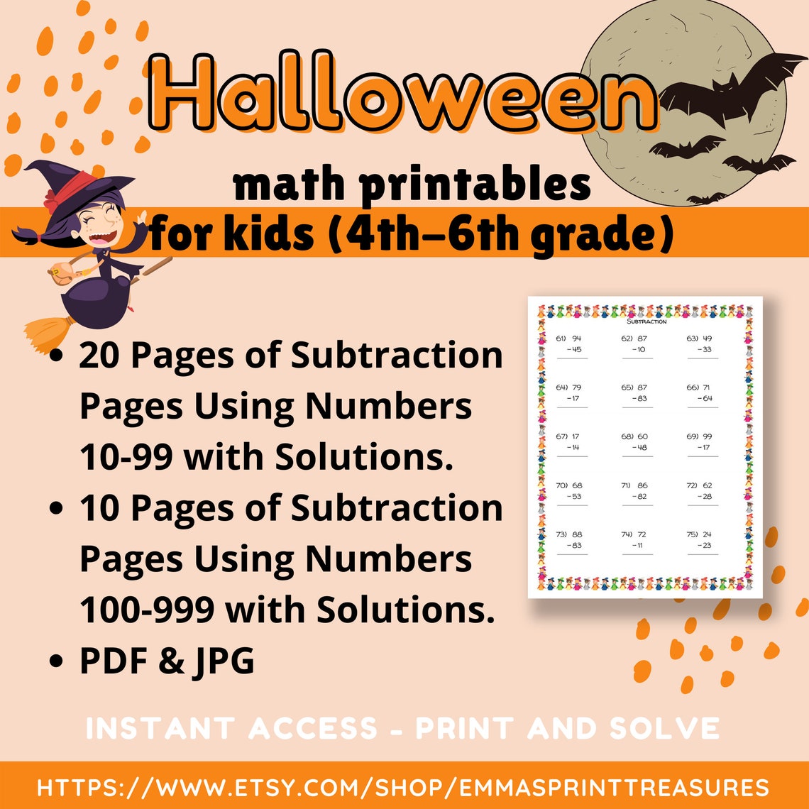 Halloween Math Printables for Kids| 4th to 6th Grade| Addition ...