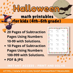 Halloween Math Printables for Kids| 4th to 6th Grade| Addition ...