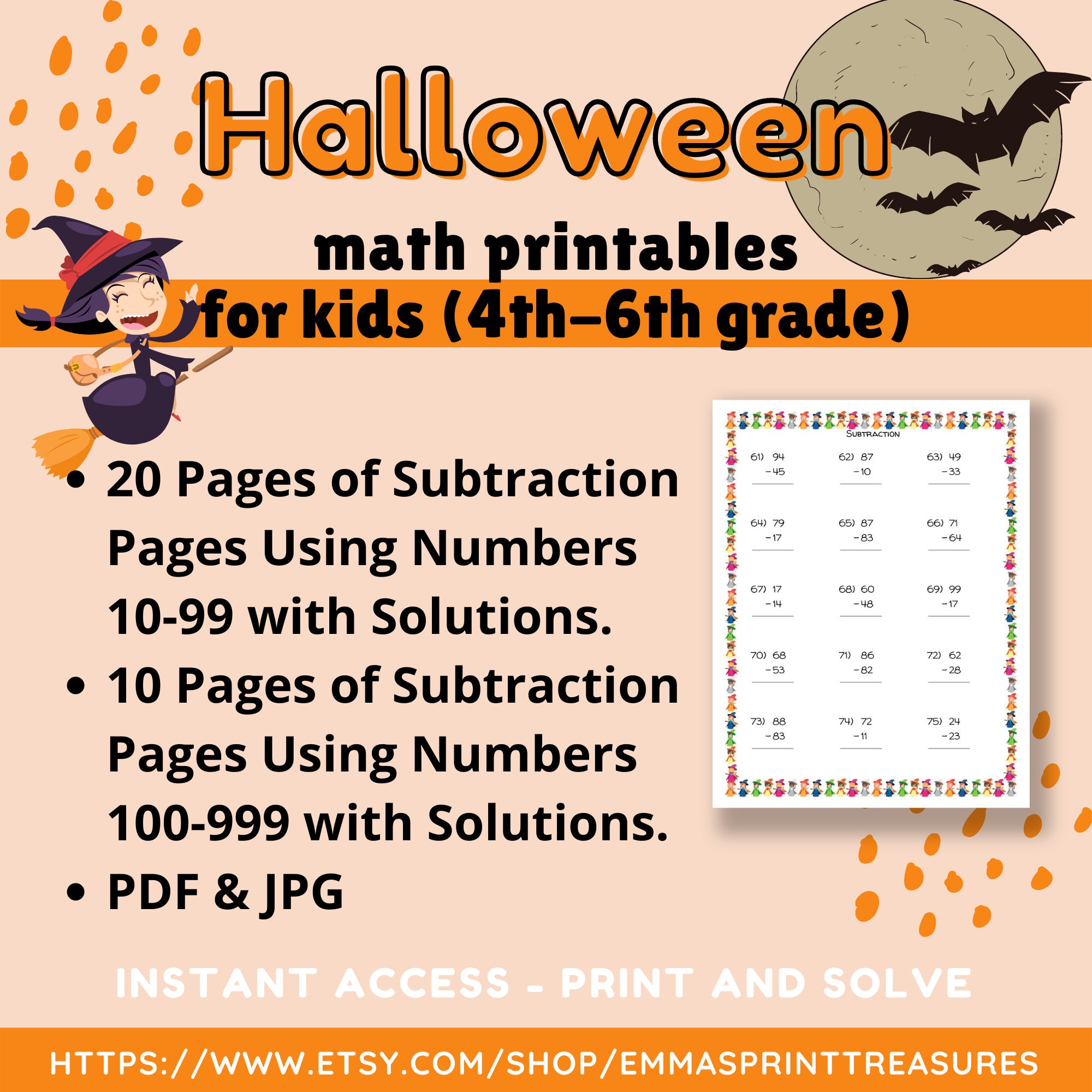 Halloween Math Printables for Kids| 4th to 6th Grade| Addition ...
