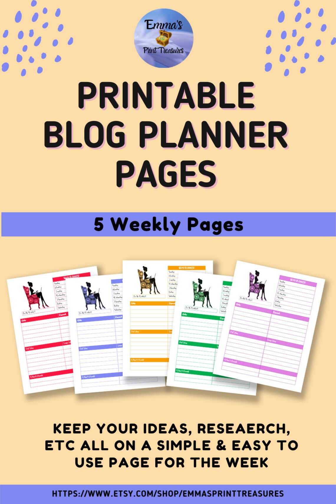 Printable Weekly Blog Planner Pages 5 Colors One for Each Week Blog ...