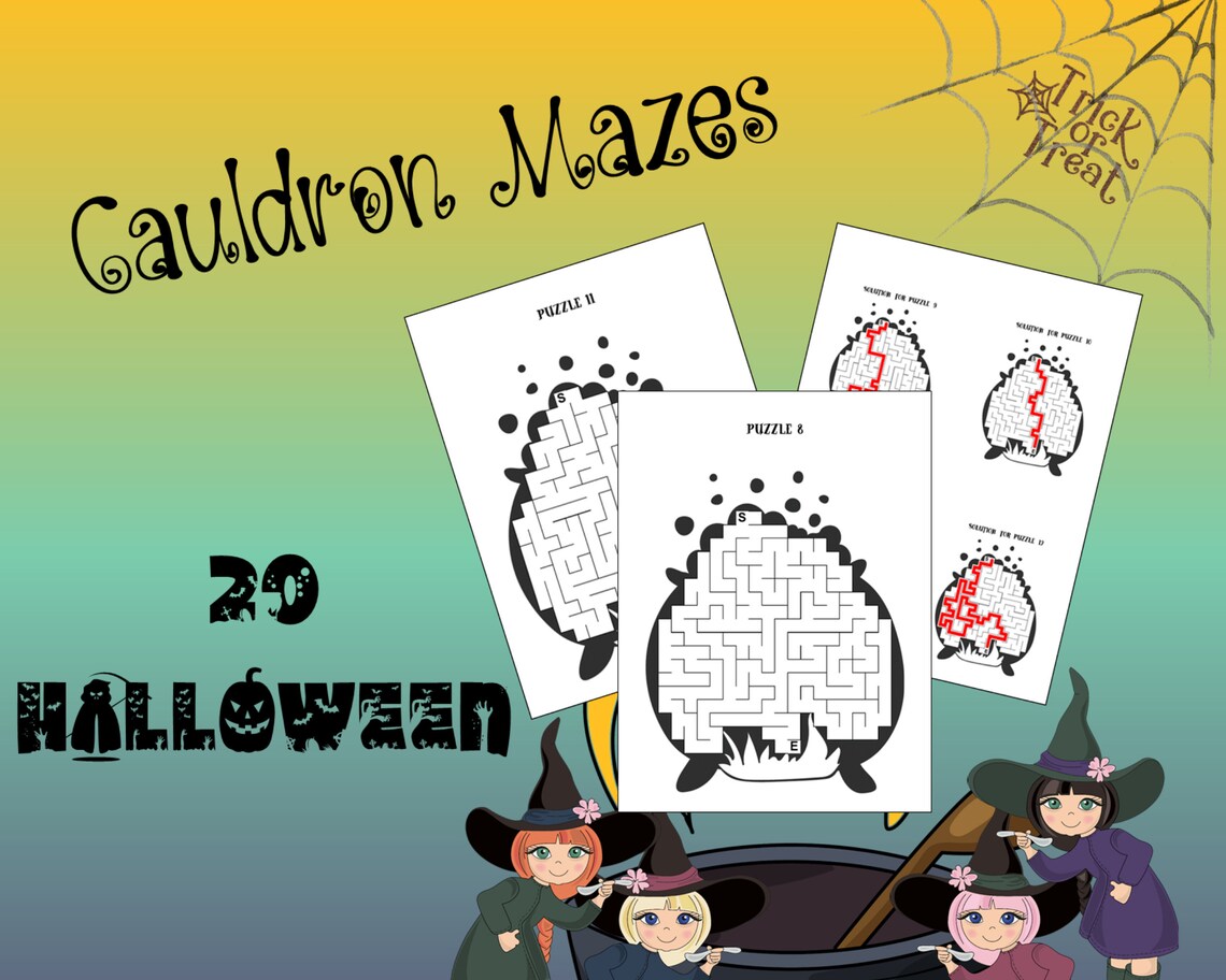 20 Halloween Cauldron Mazes and Solutions Relax and Enjoy Solving These ...