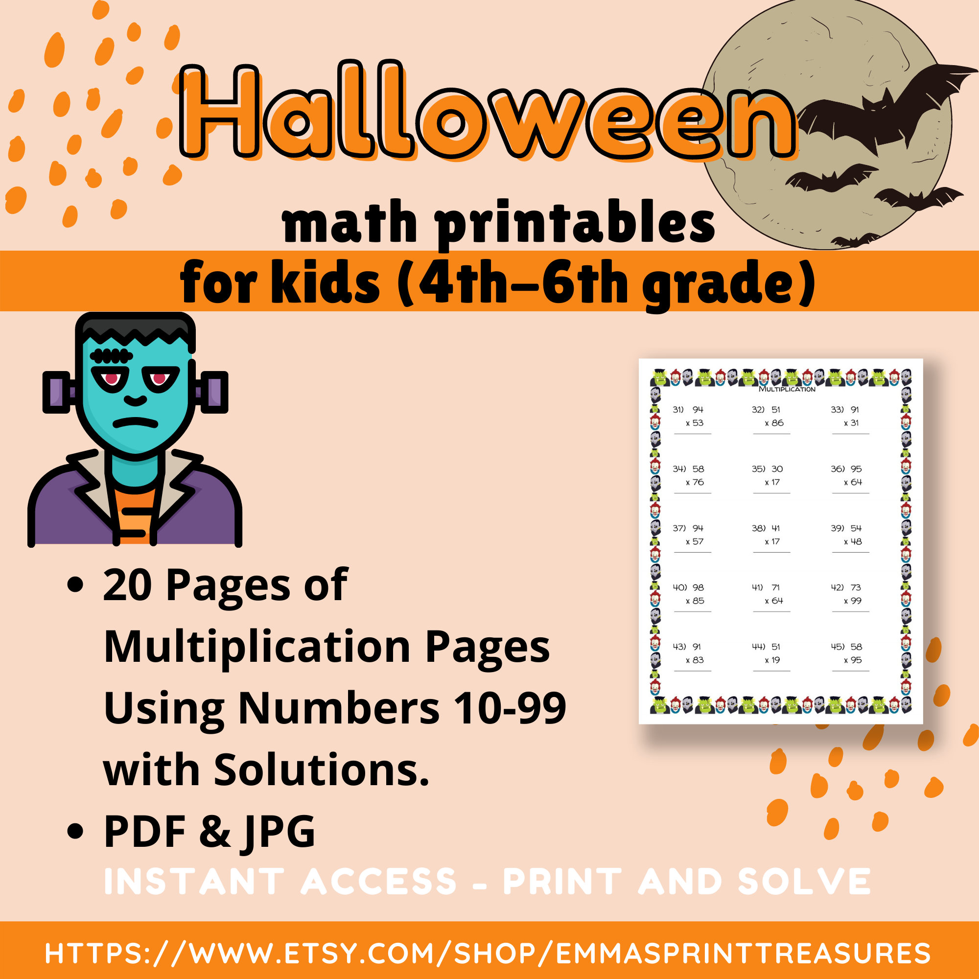 Halloween Math Printables for Kids| 4th to 6th Grade| Addition ...